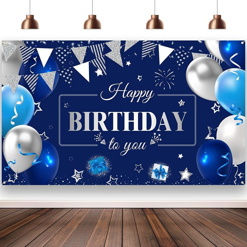 Happy Birthday Banner Large Navy Blue Silver and White Balloons Sign Poster for Children Men ...
