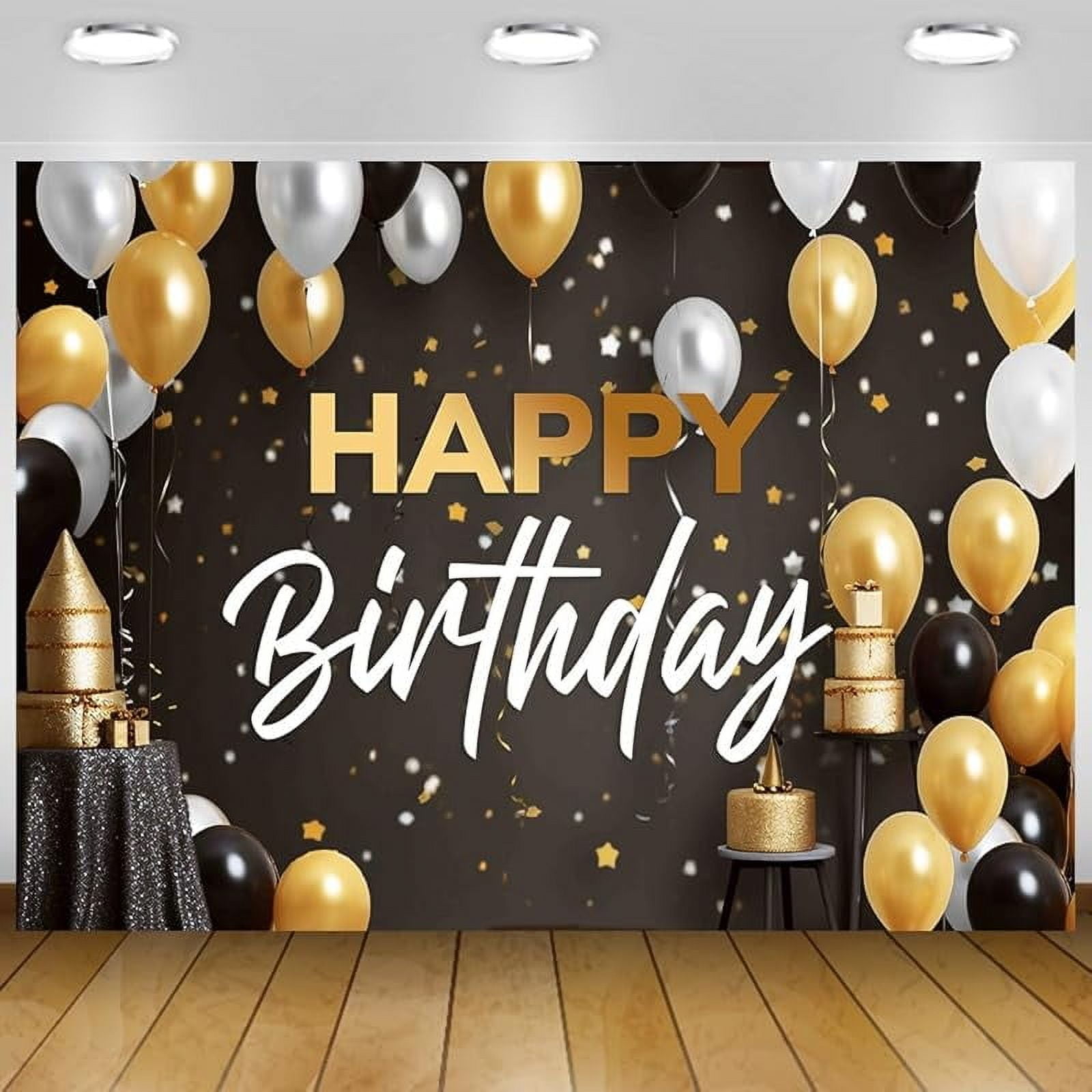 Happy Birthday Banner Men Black and Gold Balloon Glitter Bokeh Spots ...