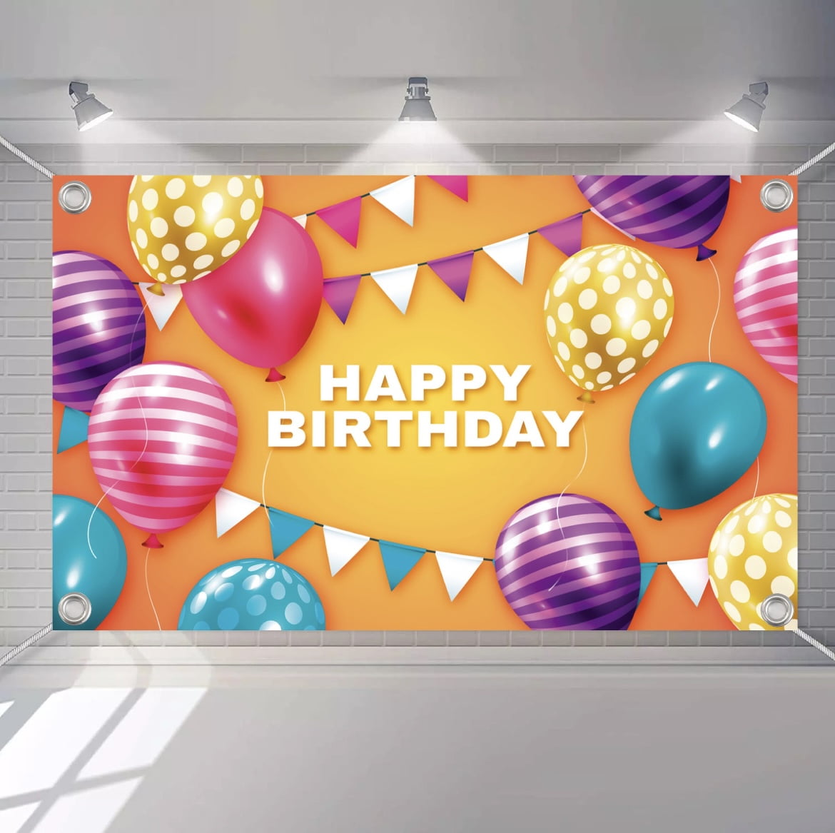 Happy Birthday Banner Orange with Mult-colored Balloons Birthday Wall ...
