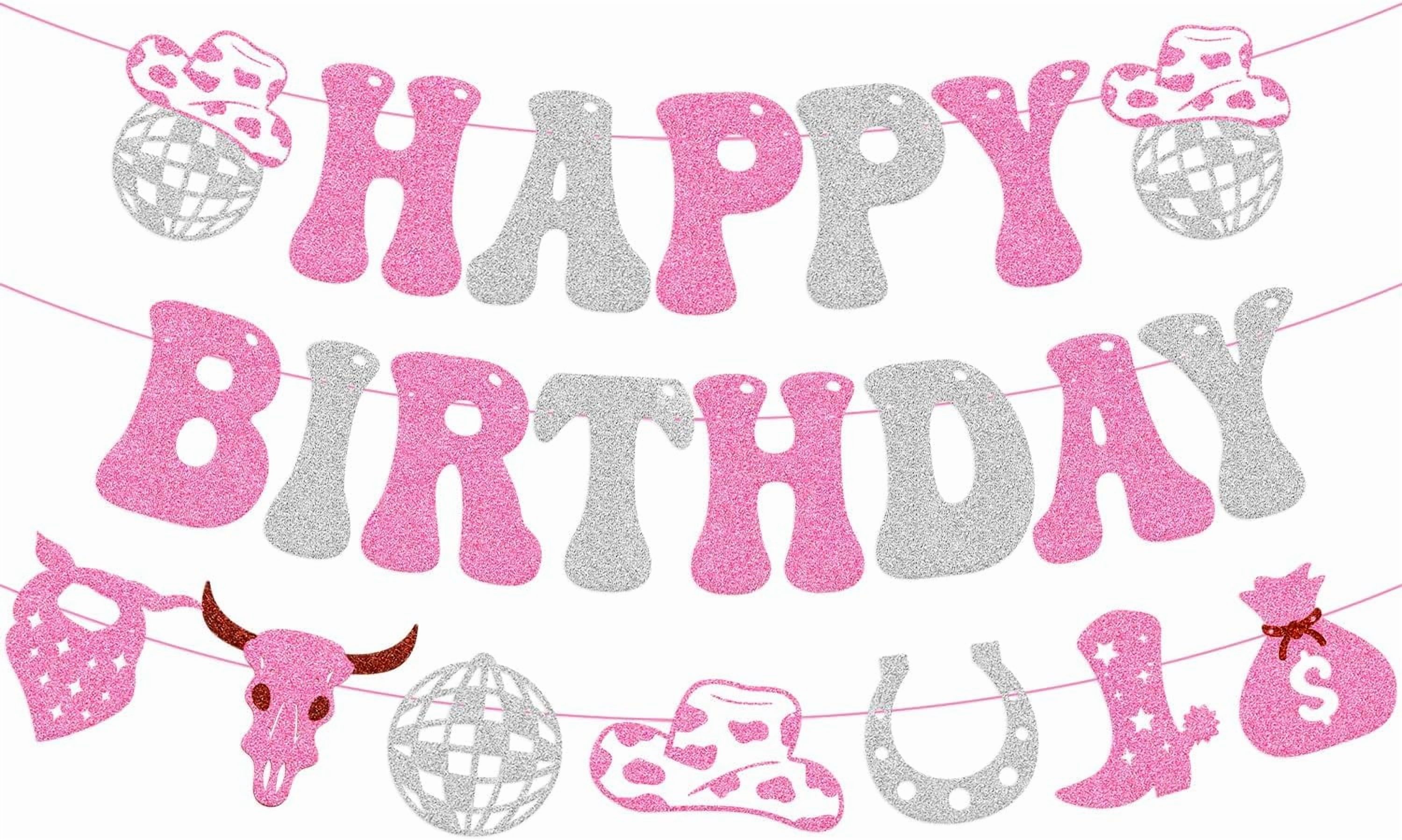 Happy Birthday Banner (Pink & Silver Glitter with Cowgirl & Disco Icons ...
