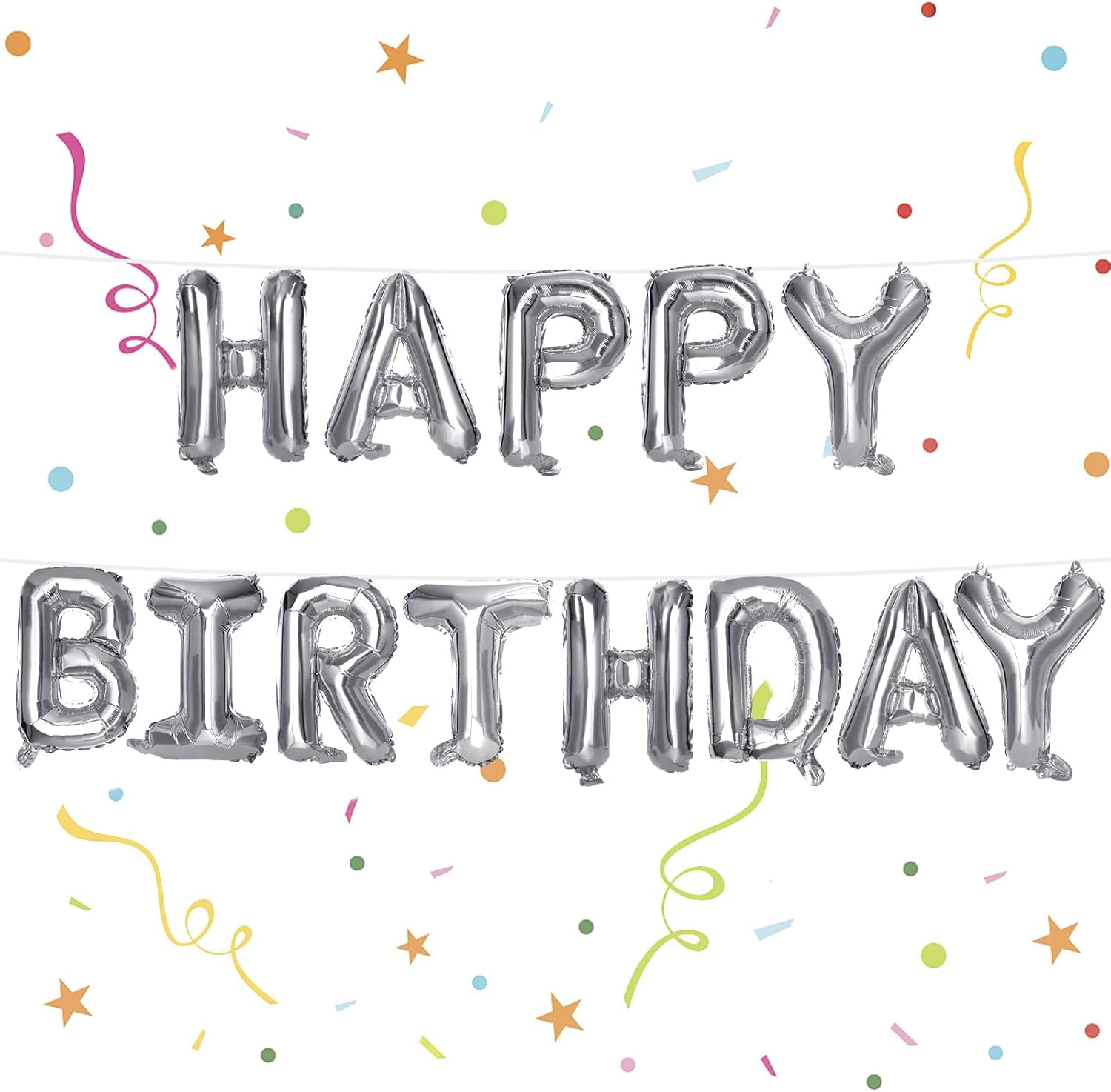 Happy Birthday Banner, Silver Birthday Sign Banner Mylar Foil Letters ...