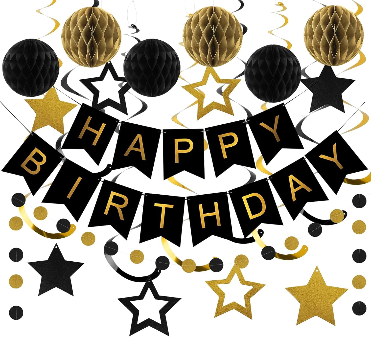 Happy Birthday Banner with Honeycomb Balls, Stars, Dot Garland ...