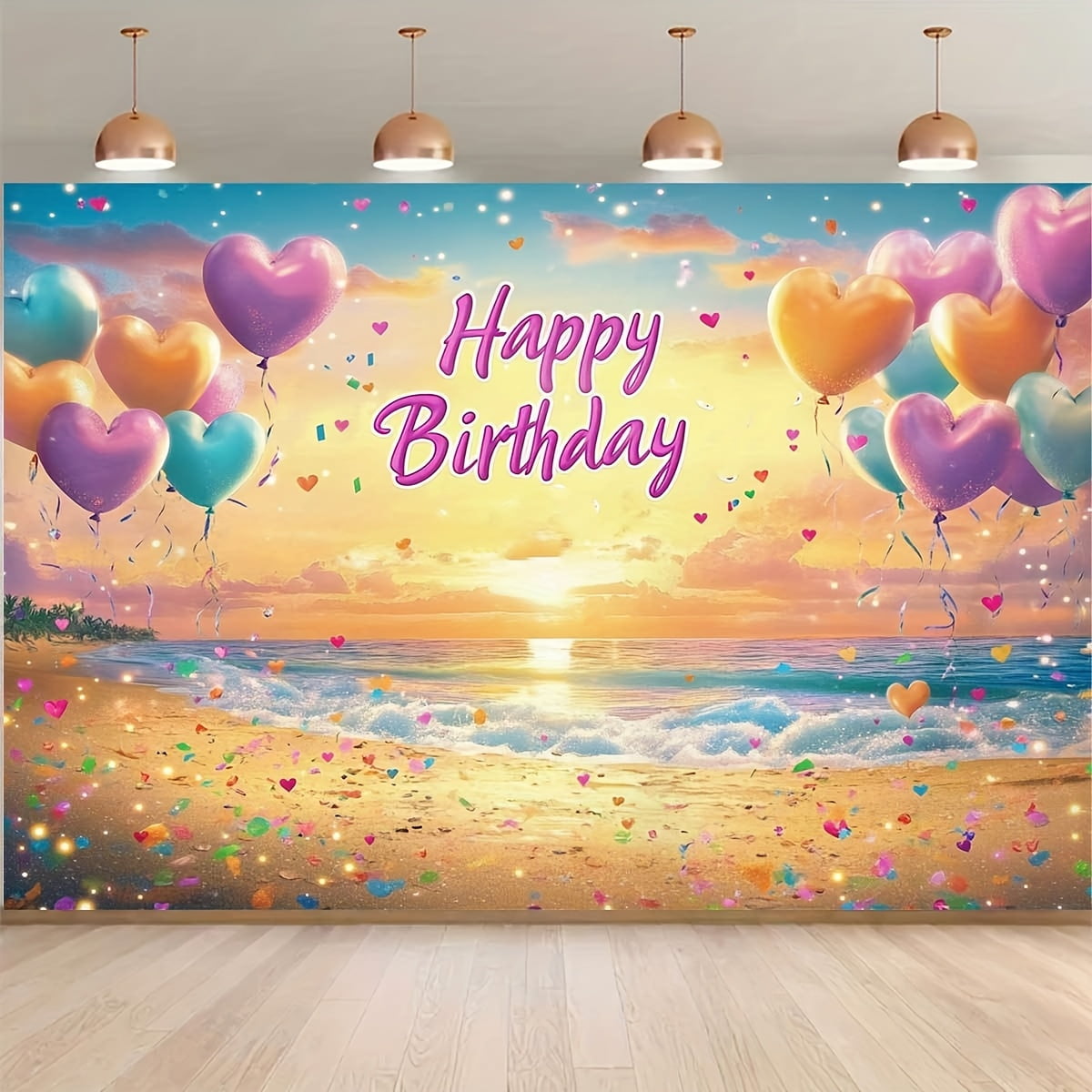 Happy Birthday Beach Sunset Backdrop Colorful Balloons Confetti ...