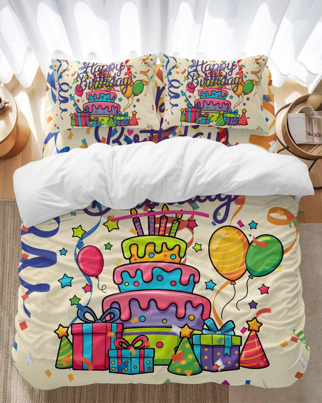 Happy Birthday Bedding Duvet Cover Set Queen Size 4 Pieces Ribbon Cake ...