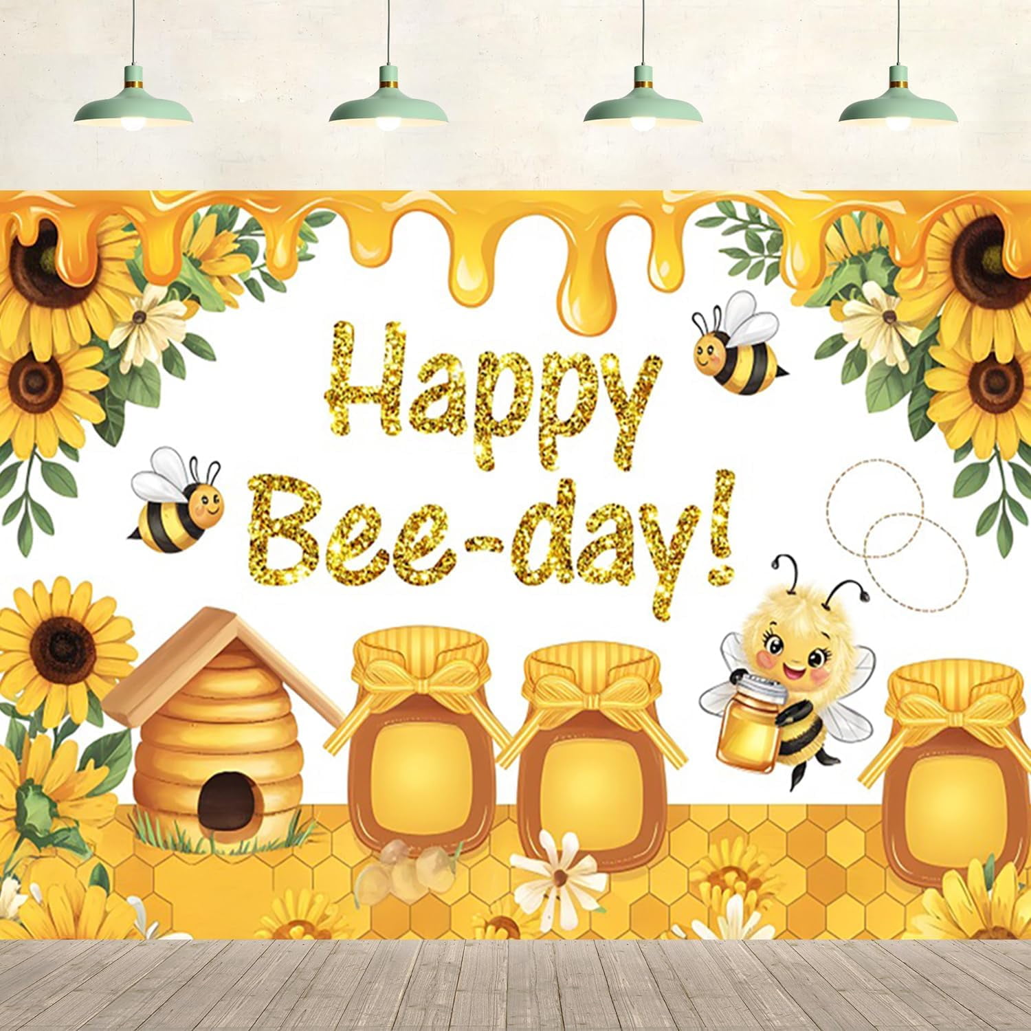 Happy Birthday Bee Backdrop Happy Bee Day Cute Bee Sunflower Honeycomb ...