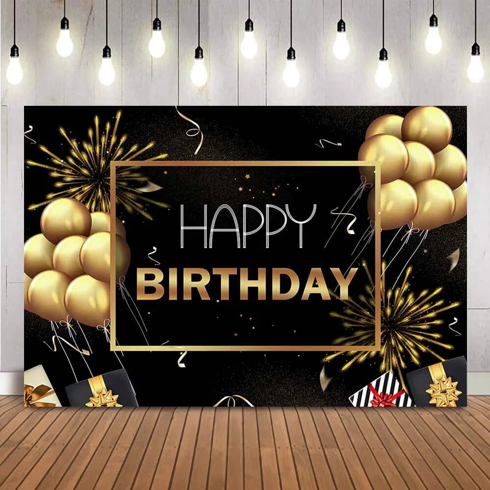 Happy Birthday Black Glitter Backdrop Golden Balloons Fireplace Adult ...