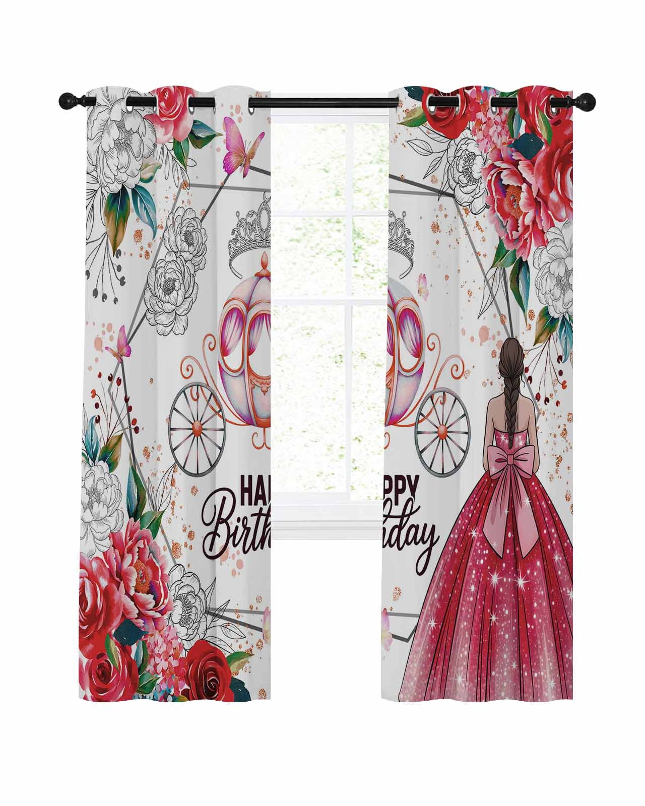 Happy Birthday Blackout Curtains 96 Inch Length Watercolor Red Floral ...