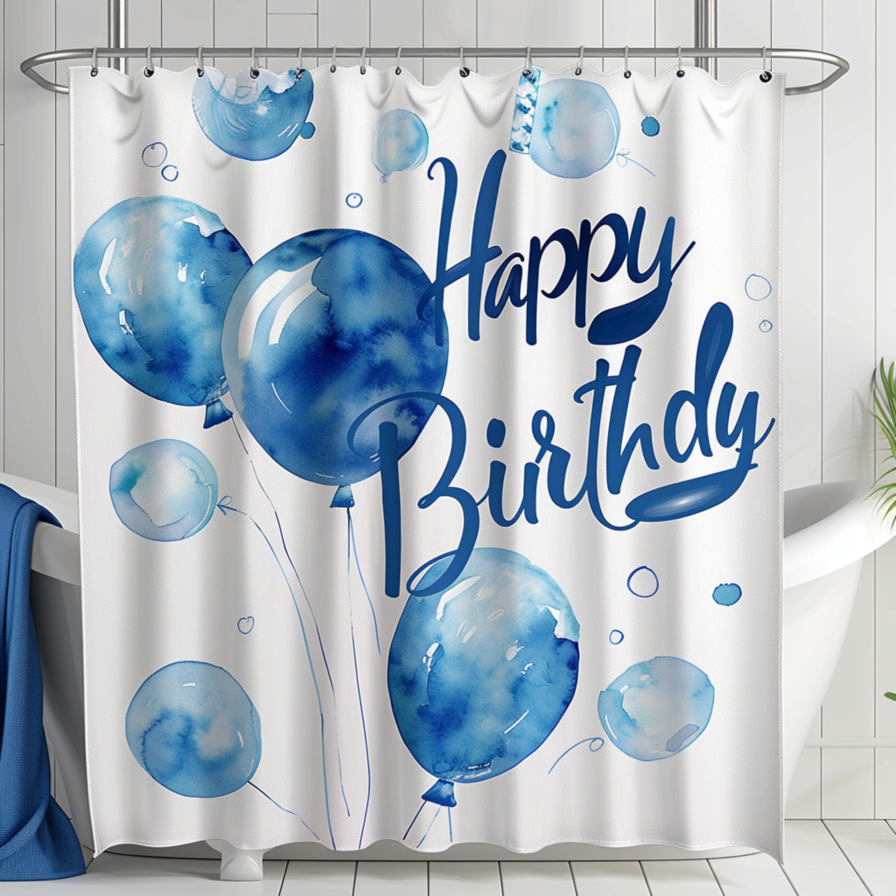 Happy Birthday Blue and White Balloon Shower Curtain Watercolor ...