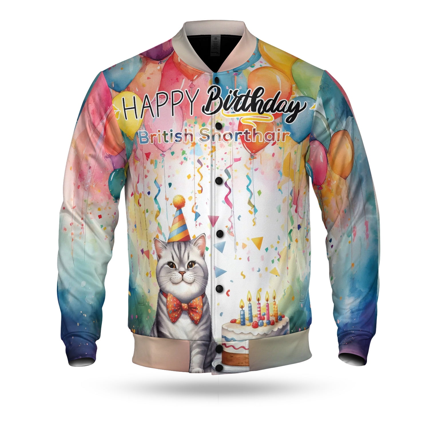 Happy Birthday to British Shorthair Kitten Party Balloons Cake All Over Print 3D Baseball Jacket ...