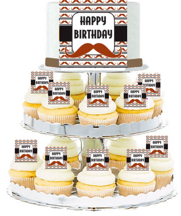 Happy Birthday Brown Mustache Edible Photo Toppers & Edible Cupcake ...