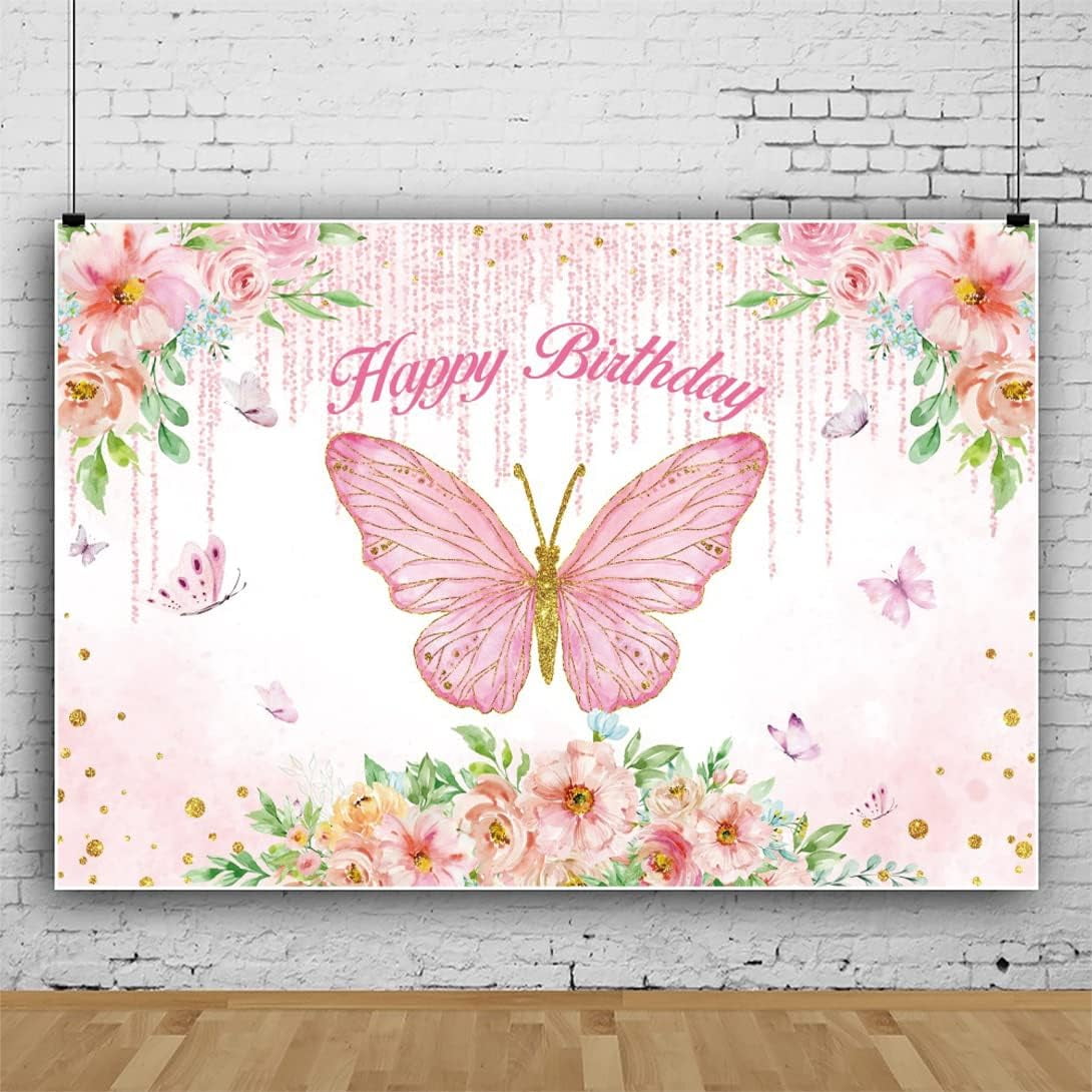 Happy Birthday Butterfly Backdrop Pink Flower Butterfly Photography ...