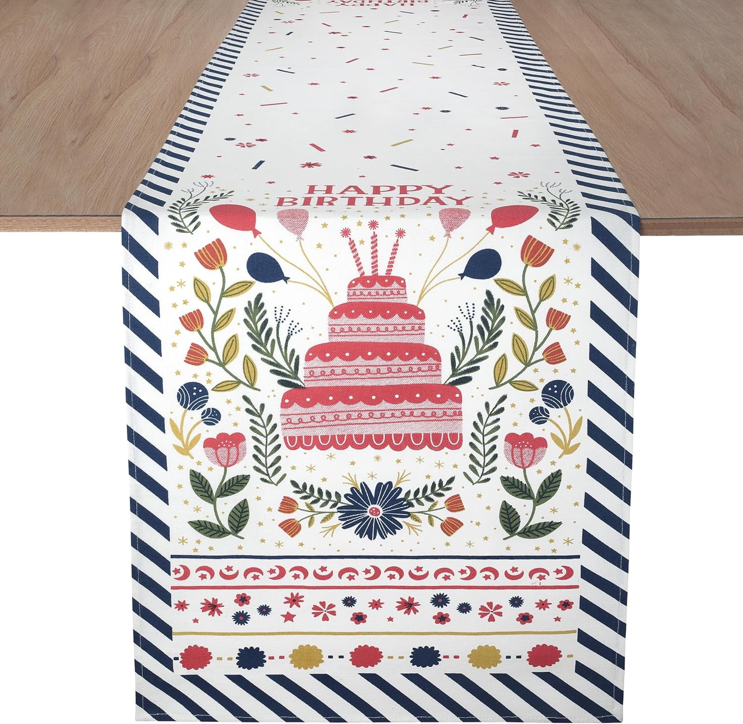Happy Birthday Cake Flower Linen Table Runner Dresser Scarf Table r ...