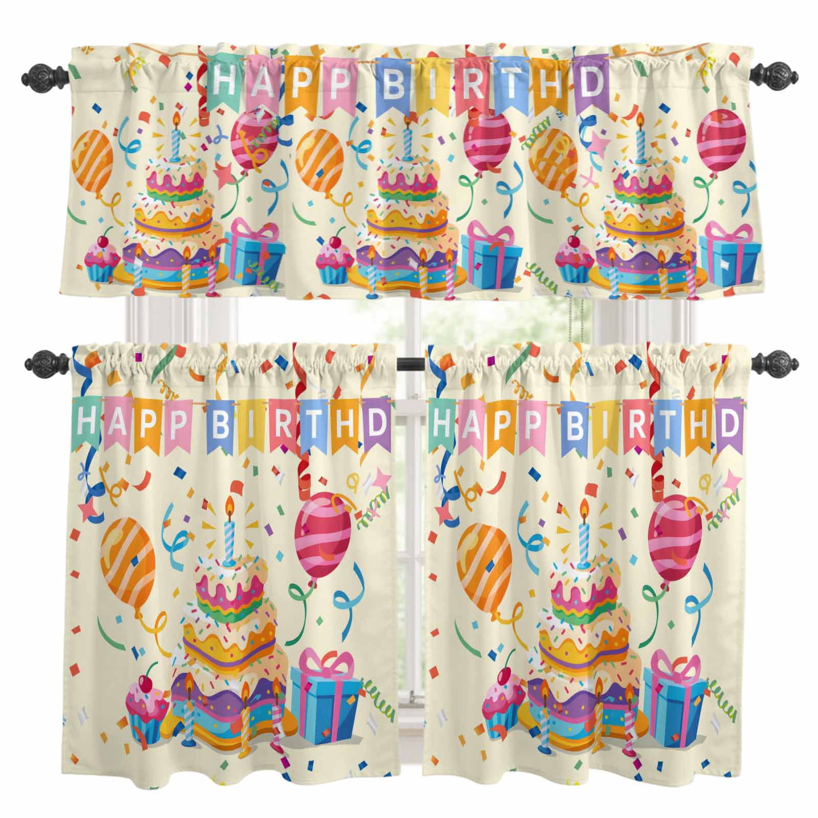 Happy Birthday Cake Kitchen Curtains Sets for Windows 24 Inch Length ...