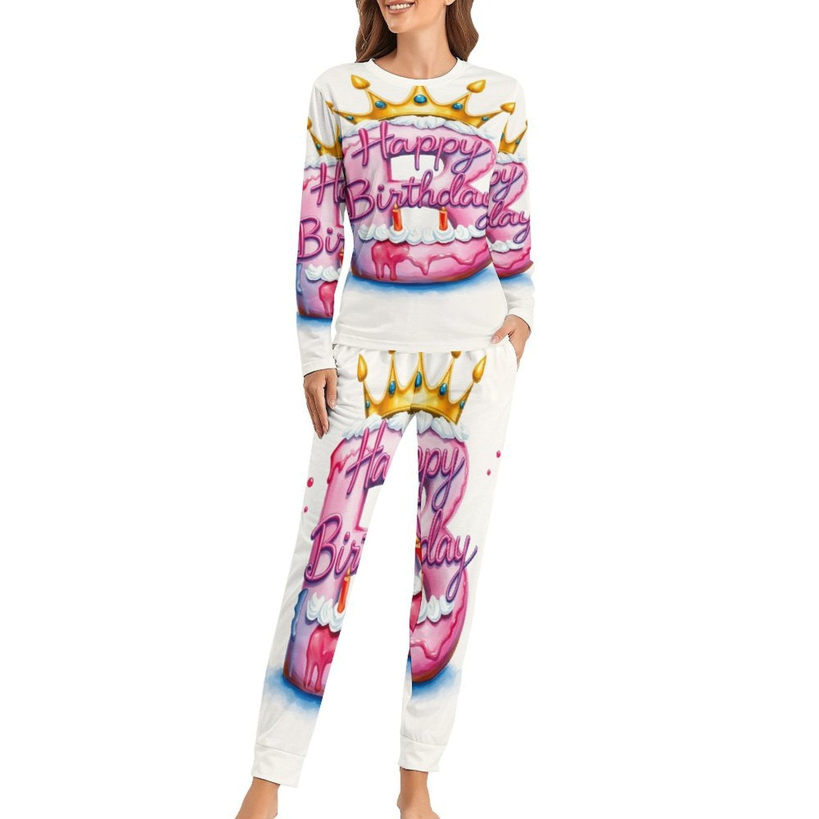 Happy Birthday Cake Pajamas Woman Two Piece Design Long Sleeves ...