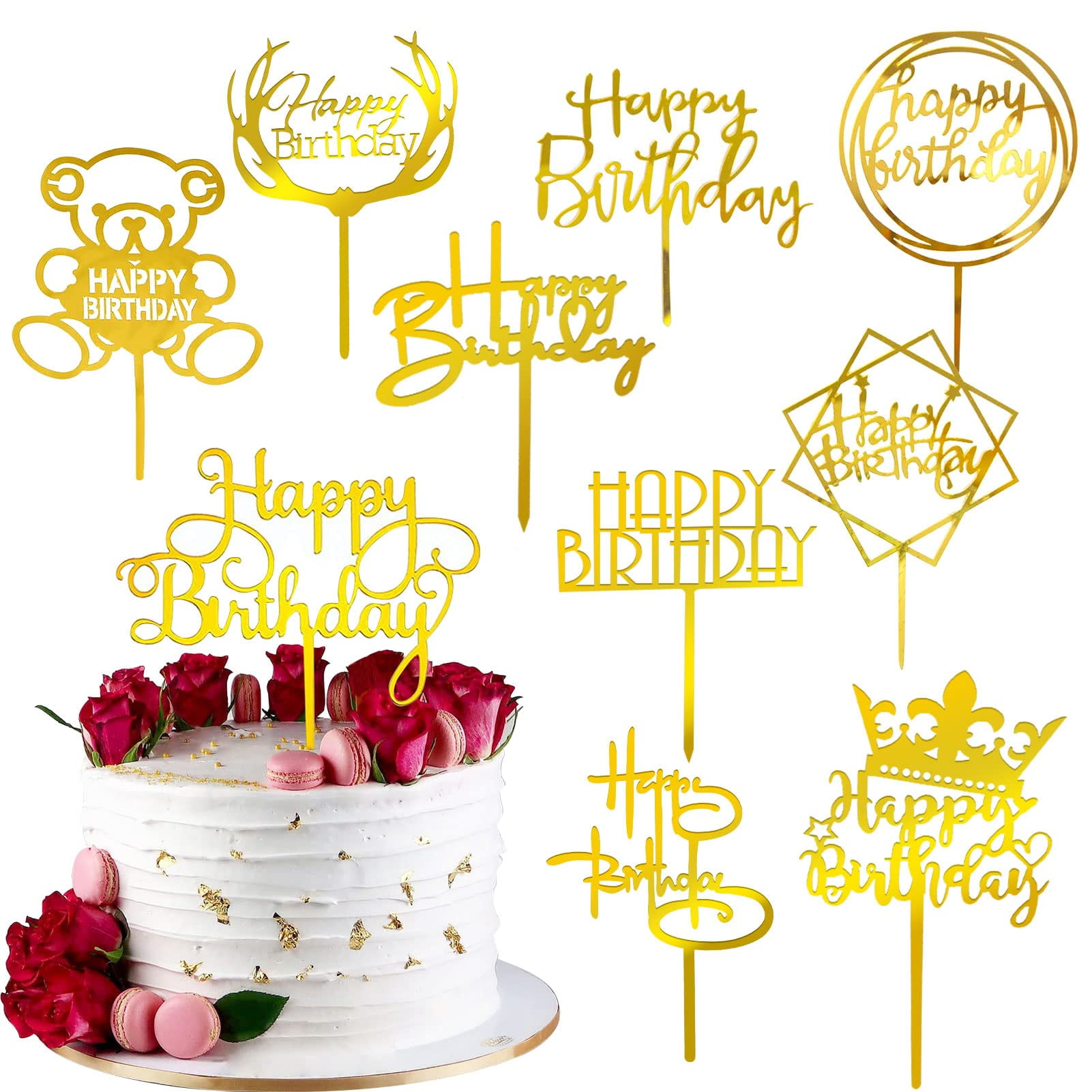 Happy Birthday Cake Topper, BDF32 20PCS Gold Acrylic Happy Birthday Sign Cupcake Toppers Set for ...