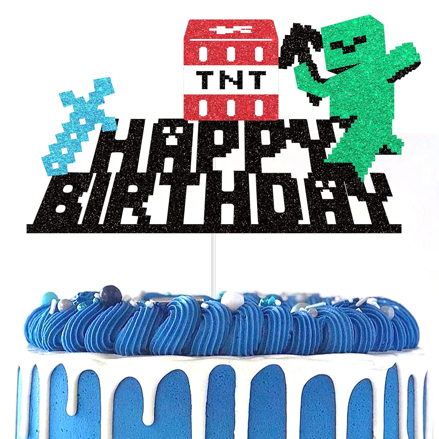 Happy Birthday Cake Topper - Glitter AIS1 Pixel Miner Style Cake Picks ...
