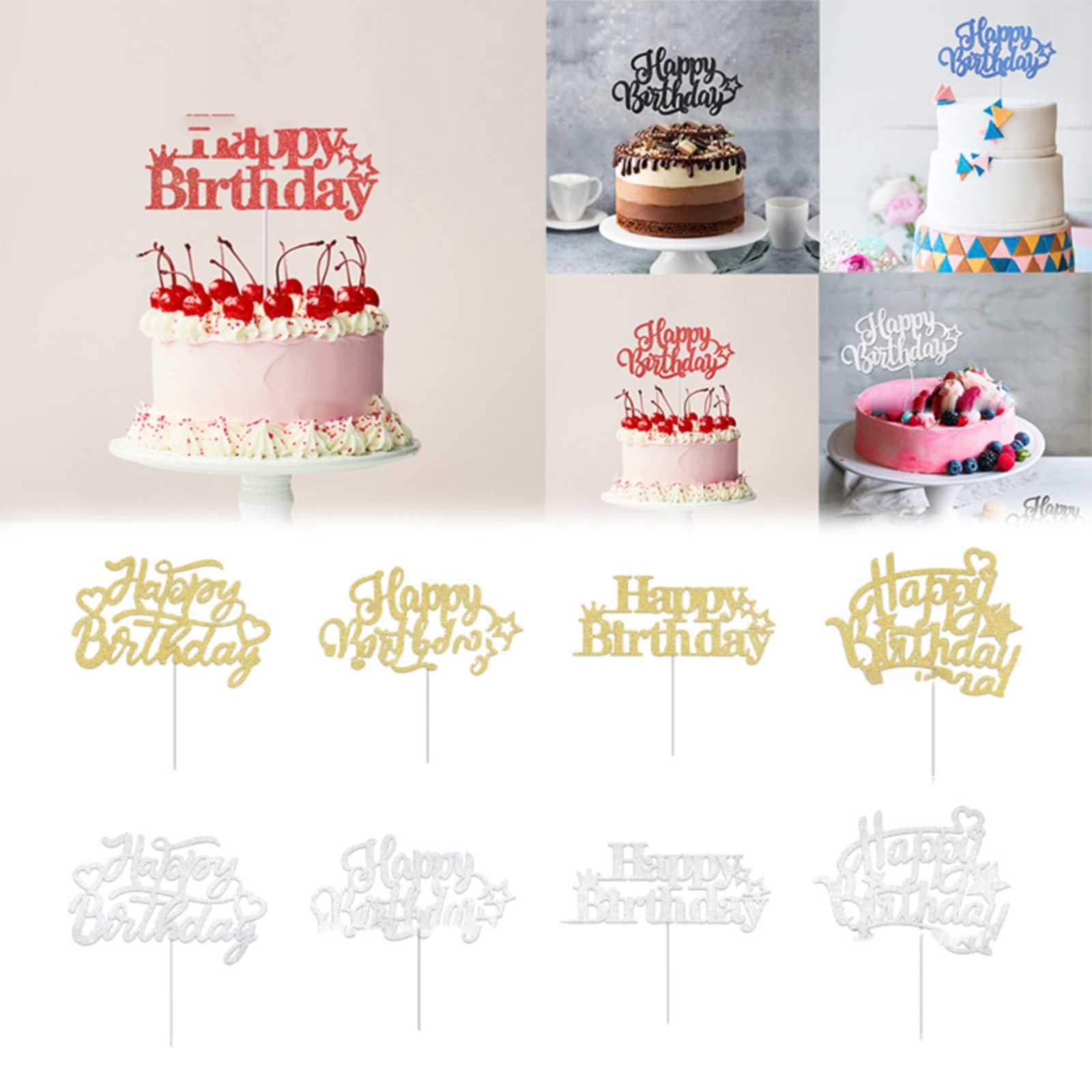 Thinsont Happy Birthday Party Cake Topper Acrylic Cupcake Stand for ...