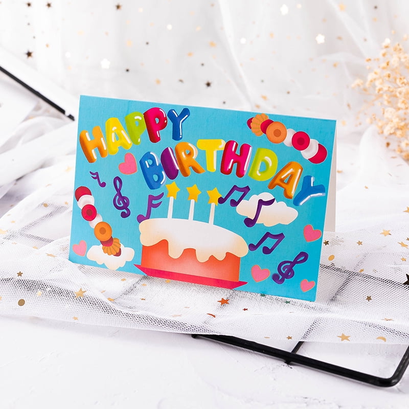 Happy Birthday Card – Colorful Cake and Musical Notes Design – Blank ...