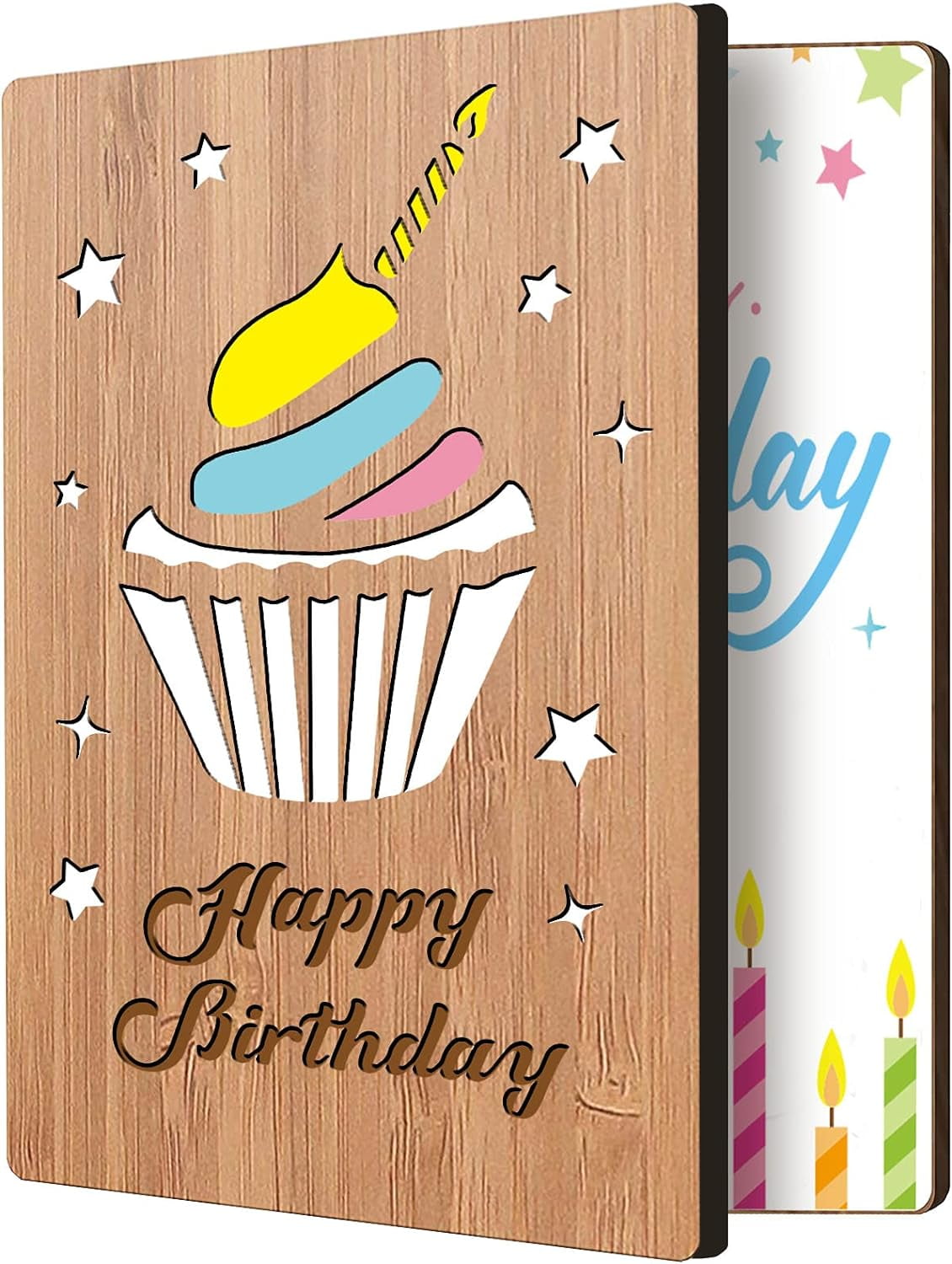 Happy Birthday Card Real Bamboo Wood Greeting Card with Hollow Cake & Star and Engraved Words ...