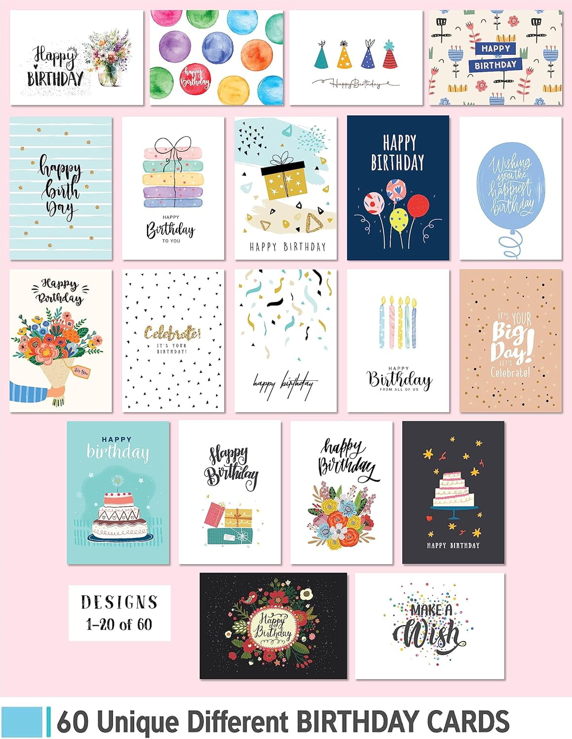 Happy Birthday Cards Assortment 5x7-60 Bulk Cards with Envelopes ...