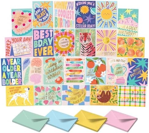 Happy Birthday Cards with Envelopes & Assortment Box. Variety Set of 24 ...