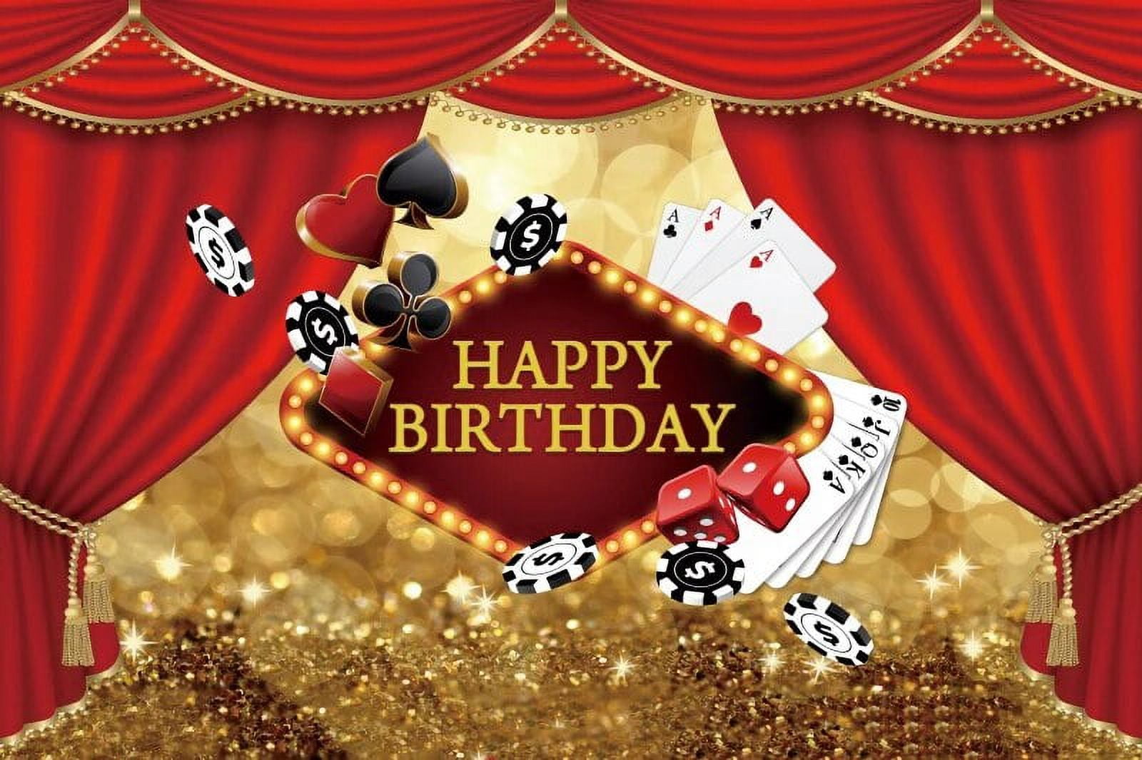 Happy Birthday Casino Backdrop Gold Light Bokeh Poker Curtain 4A Dice ...