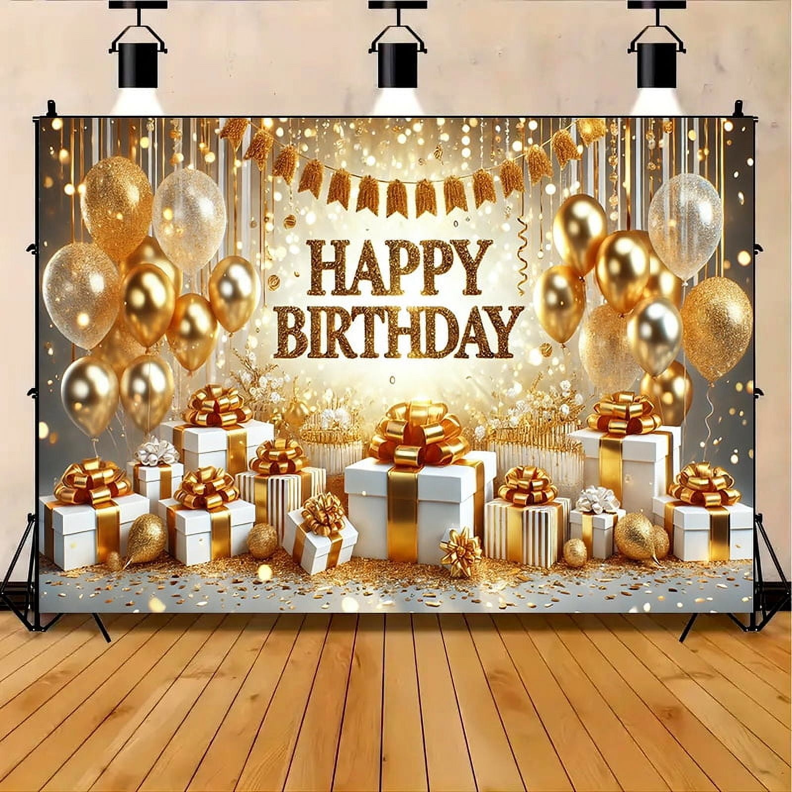 Happy Birthday Celebration Backdrop Golden Balloons Confetti ...