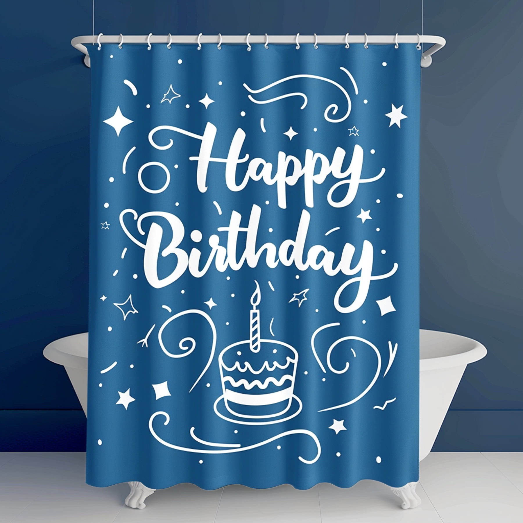 Happy Birthday Celebration Shower Curtain Modern Blue Design with White ...