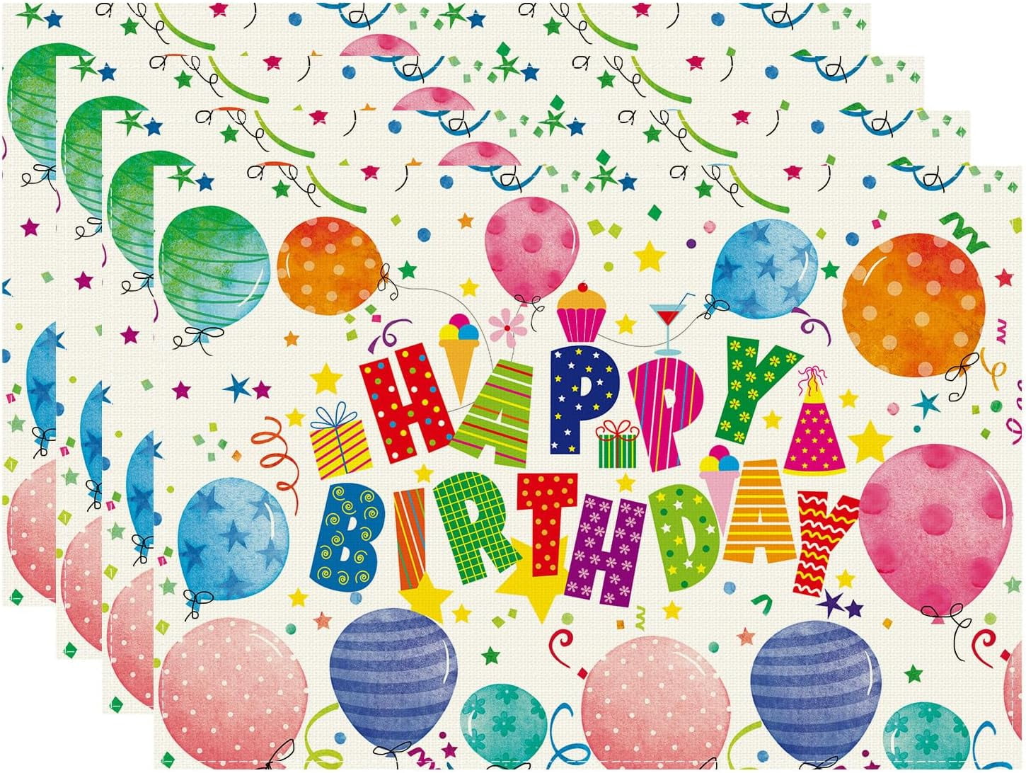 Happy Birthday Colorful Balloons Confetti Stars Placemats Set of 4 ...