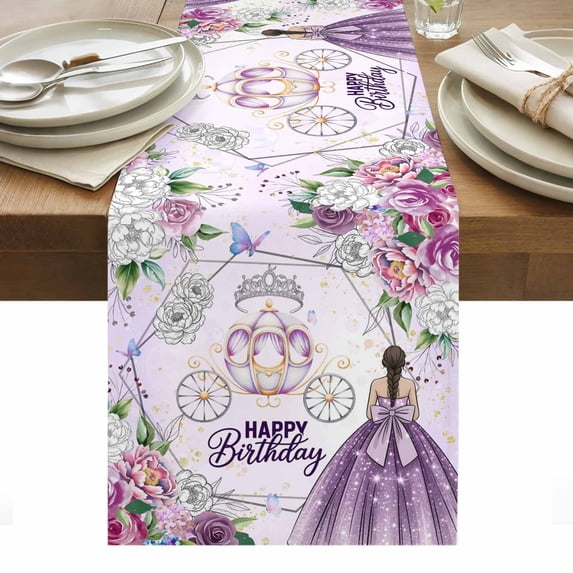 Happy Birthday Cotton Linen Table Runner Watercolor Purple Floral ...