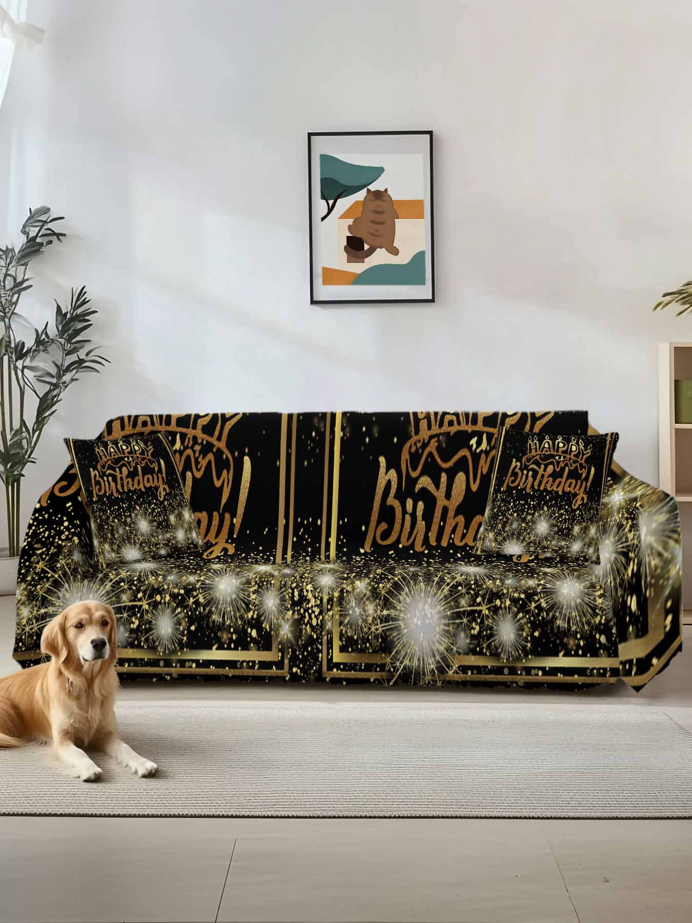 Happy Birthday Couch Cover for 2 Cushion Couch, Luxurious Black Golden ...