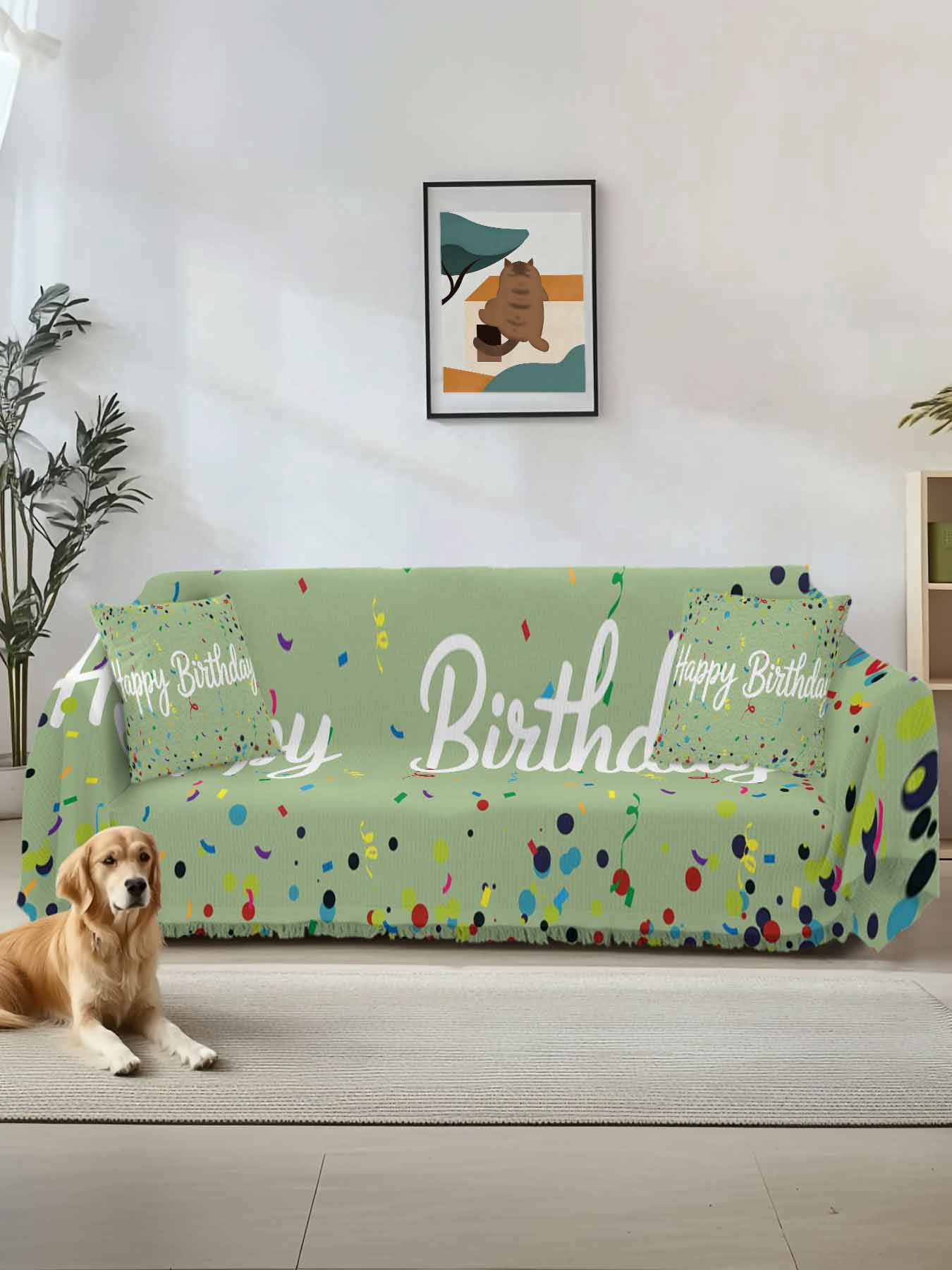 Happy Birthday Couch Cover, Sage Green Modern Abstract Art Sofa Cover ...