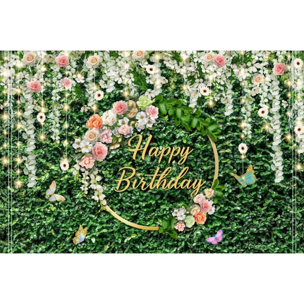 Happy Birthday Custom Name Photography Background Flower Wreath Blooms ...
