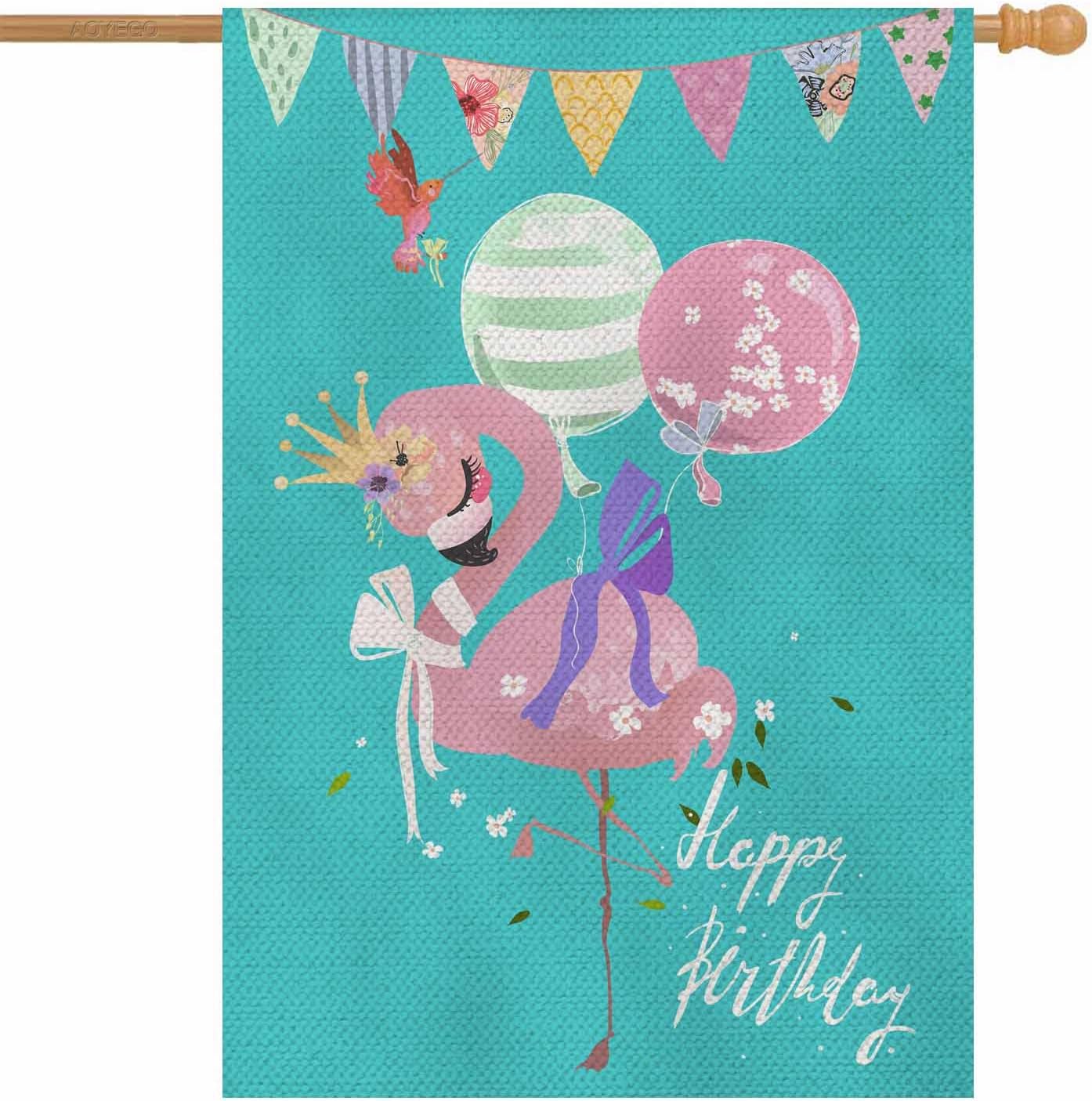 Happy Birthday Cute Flamingo House Flag Vertical Double Sided Burlap ...