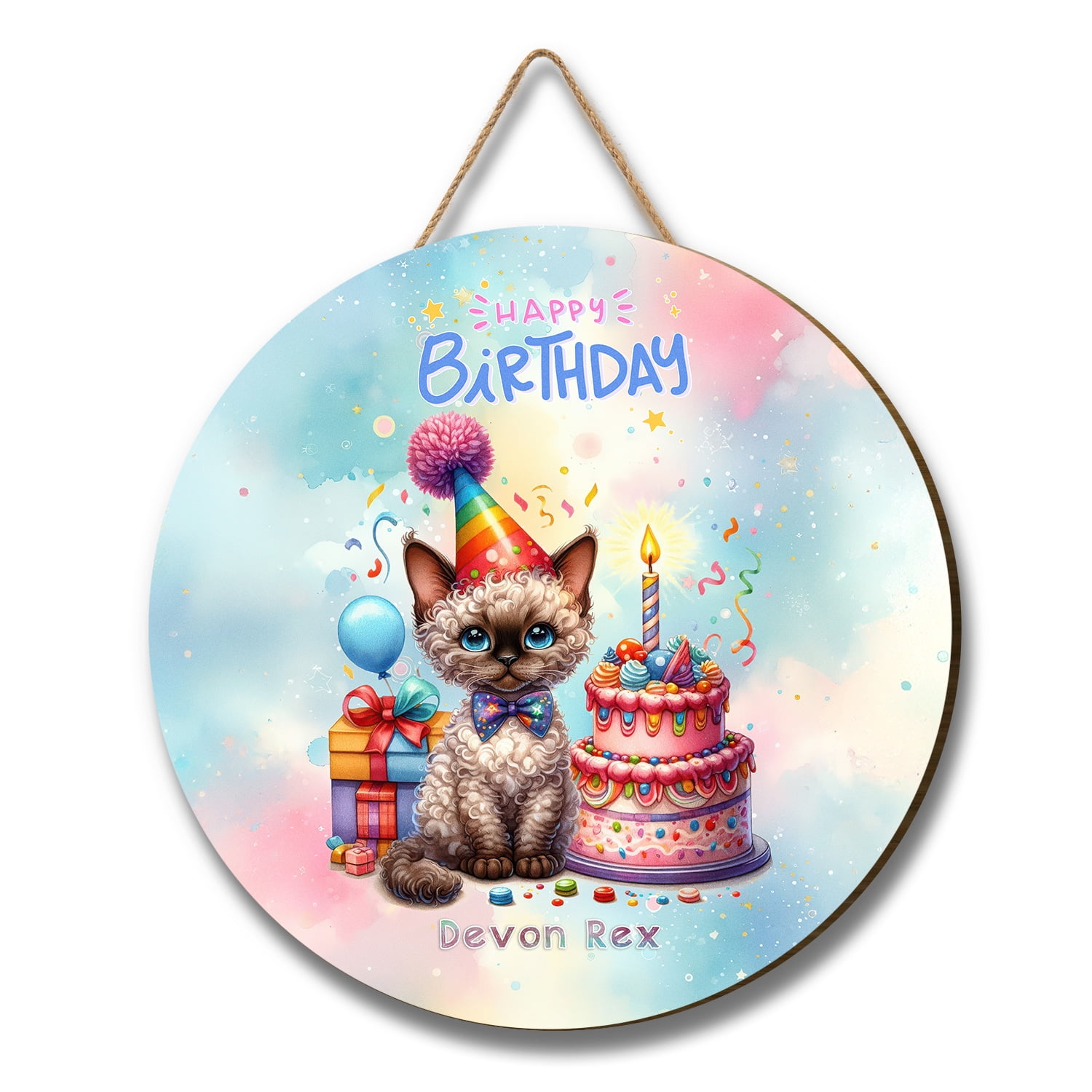 Happy Birthday Cute Kitten Devon Rex with Cake Gifts Party Hat Round Wood Sign Cat Lover Kitten ...