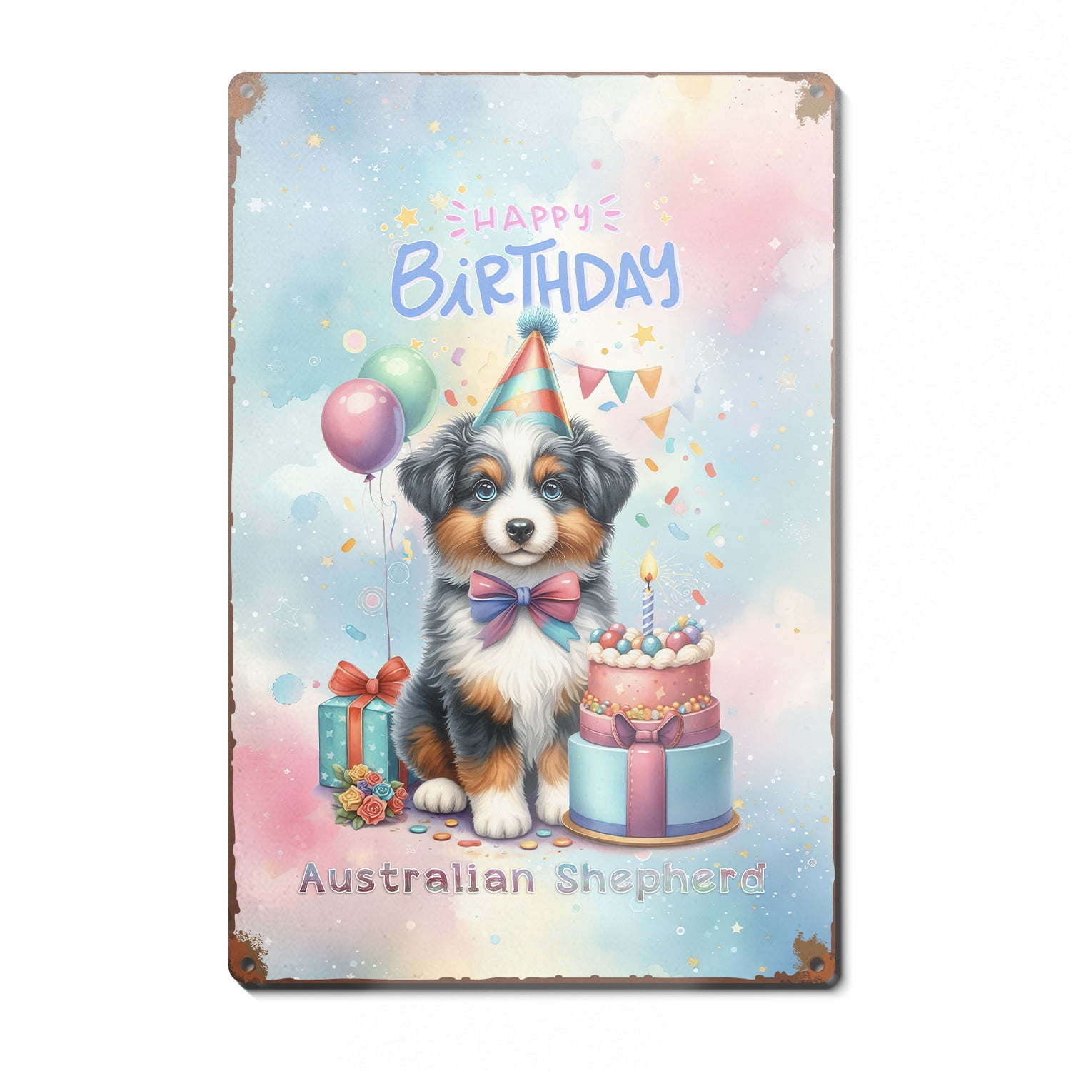 Happy Birthday Cute Puppy Australian Shepherd with Cake Gifts Party Hat ...
