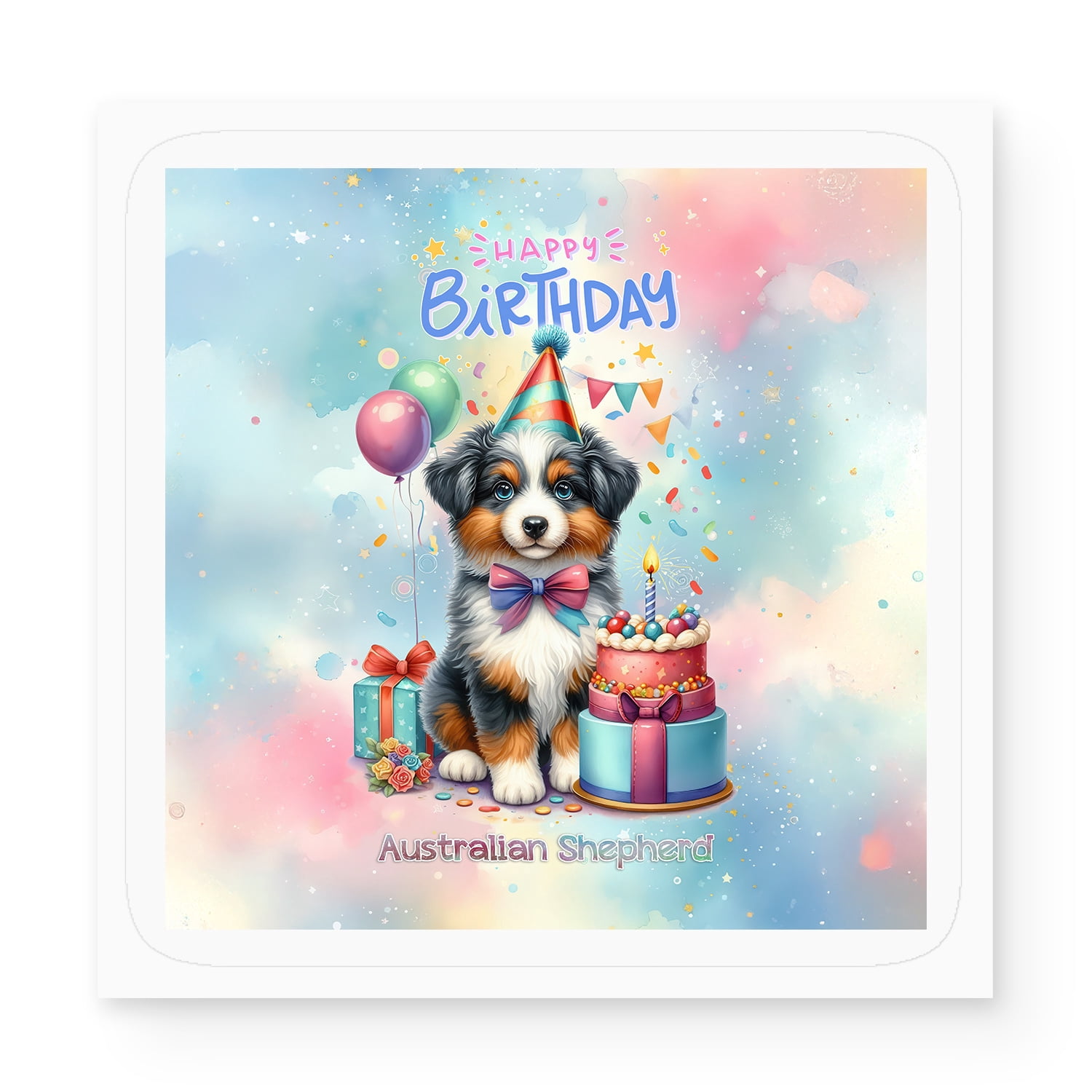 Happy Birthday Cute Puppy Australian Shepherd with Cake Gifts Party Hat ...