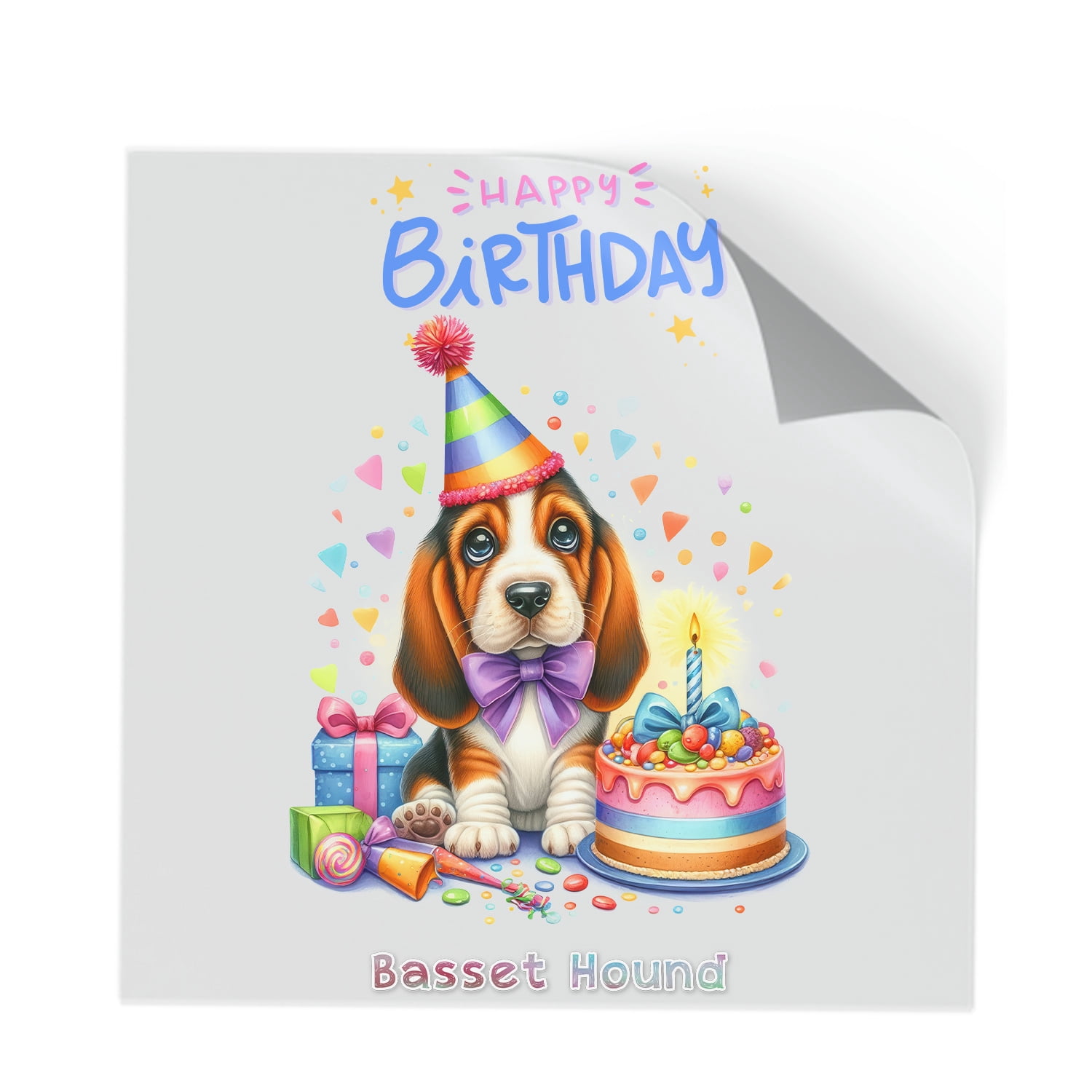 Happy Birthday Cute Puppy Basset Hound with Cake Gifts Party Hat Cutout ...