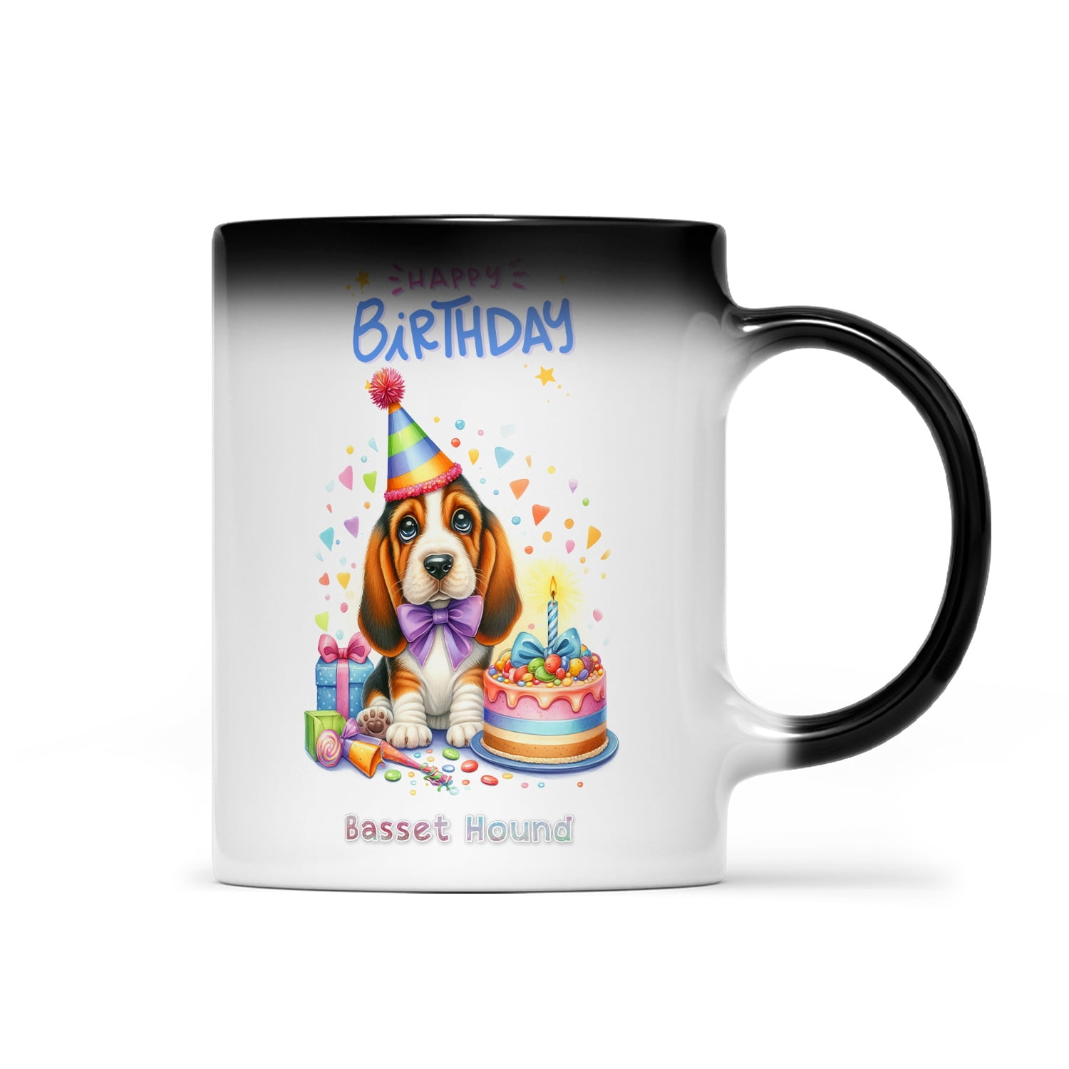 Happy Birthday Cute Puppy Basset Hound with Cake Gifts Party Hat Heat ...