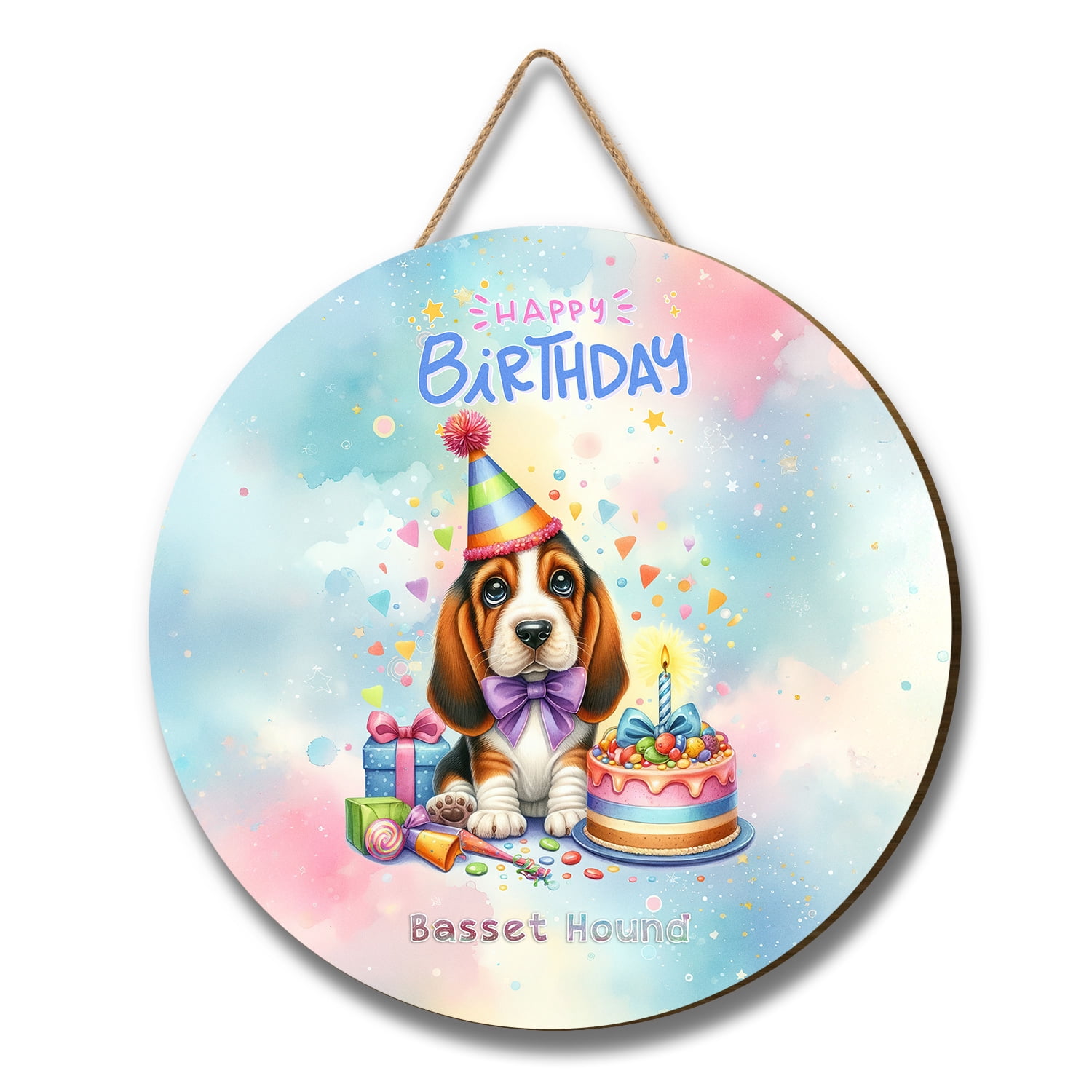 Happy Birthday Cute Puppy Basset Hound with Cake Gifts Party Hat Round ...