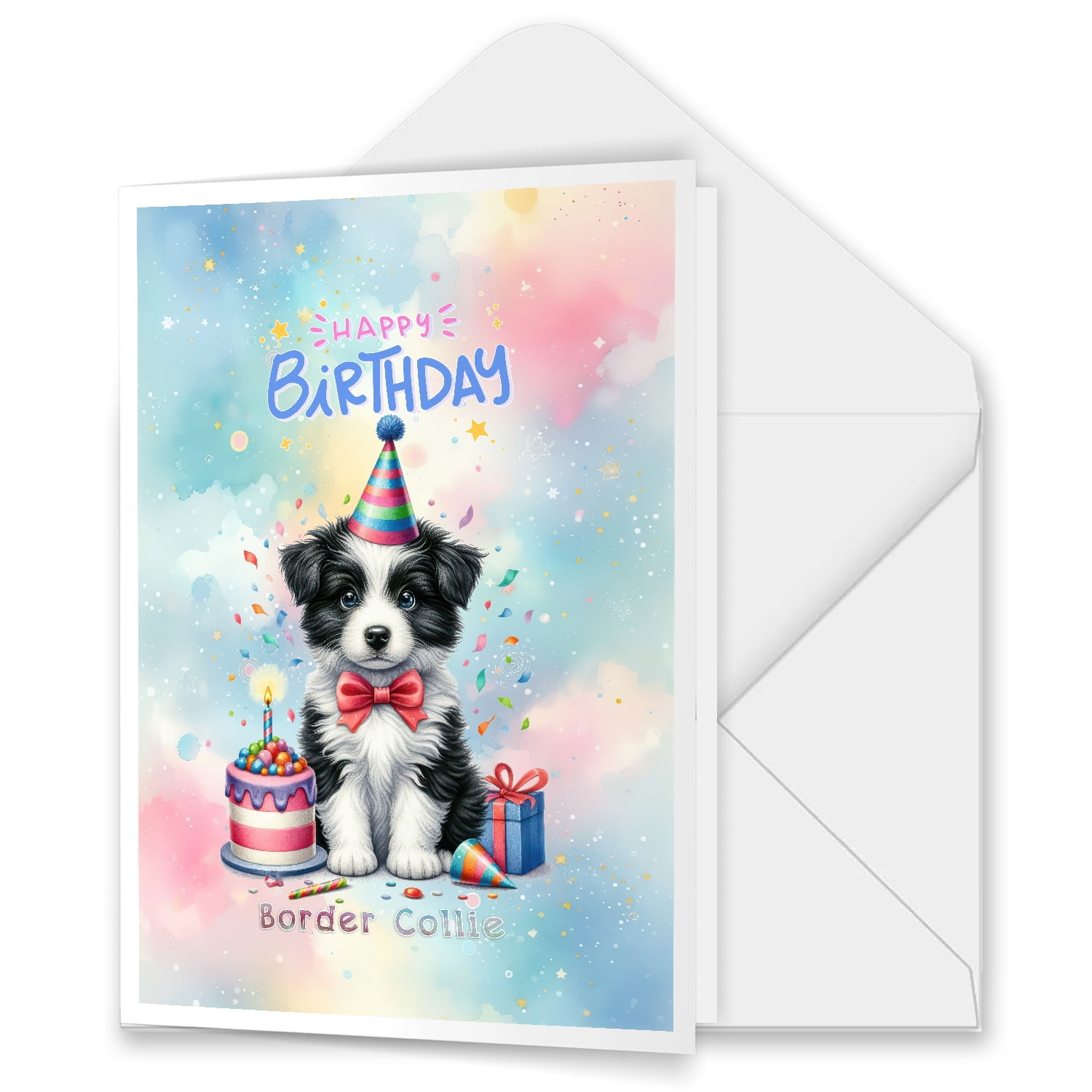 Happy Birthday Cute Puppy Border Collie with Cake Gifts Party Hat 5x7in ...