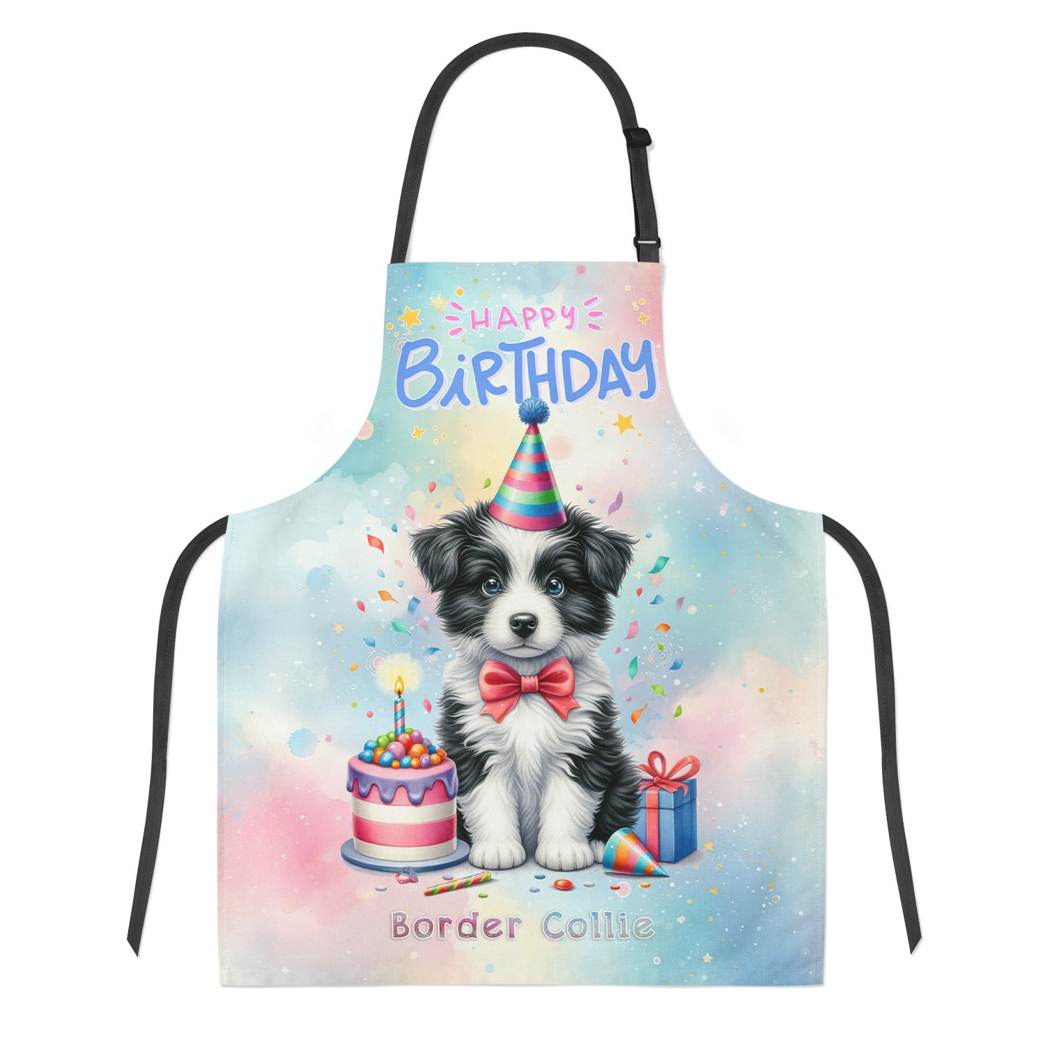 Happy Birthday Cute Puppy Border Collie with Cake Gifts Party Hat Apron ...