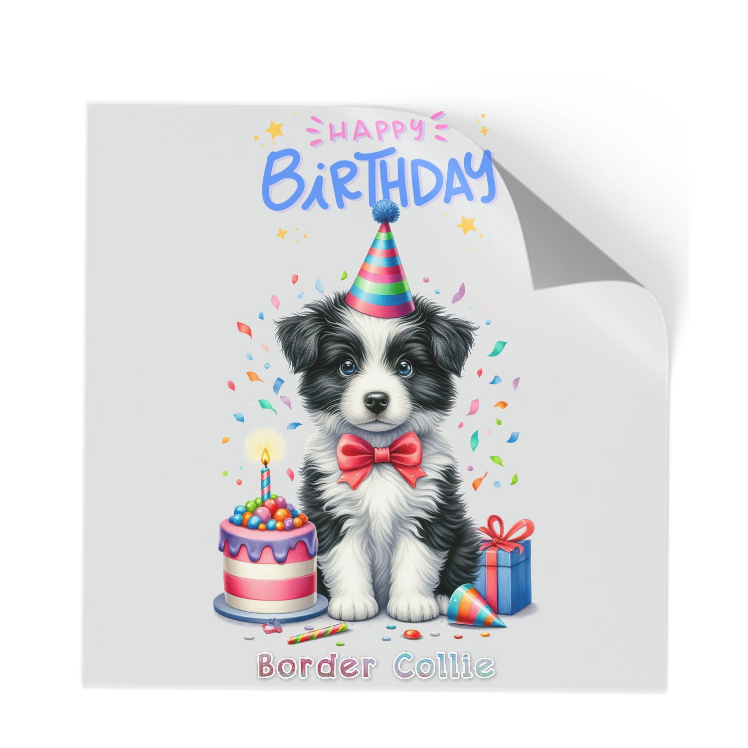 Happy Birthday Cute Puppy Border Collie with Cake Gifts Party Hat ...