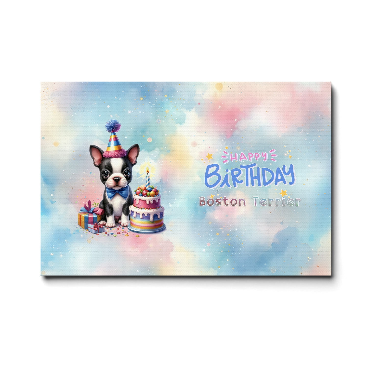 Happy Birthday Cute Puppy Boston Terrier with Cake Gifts Party Hat ...