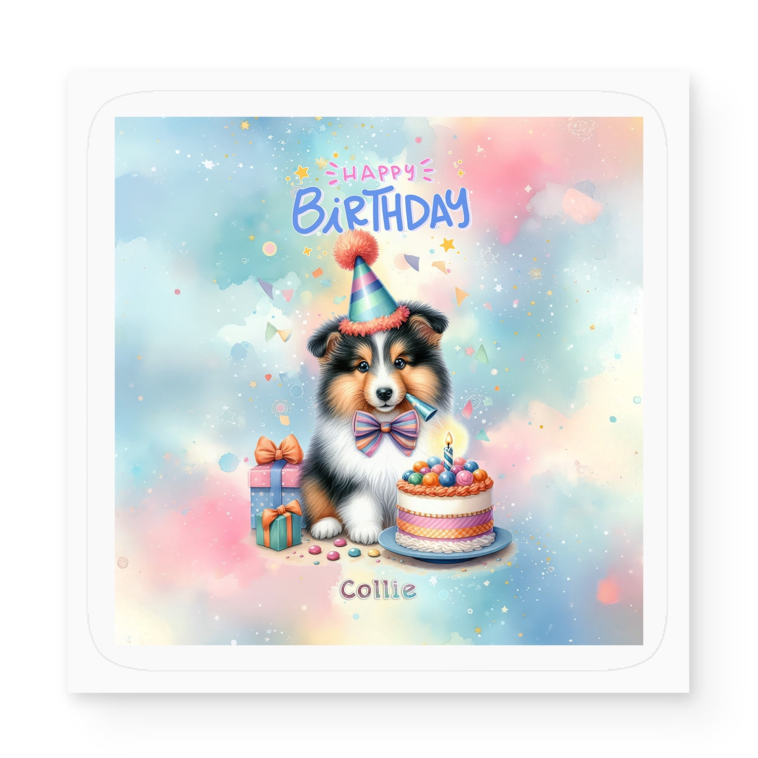 Happy Birthday Cute Puppy Collie with Cake Gifts Party Hat Vinyl ...