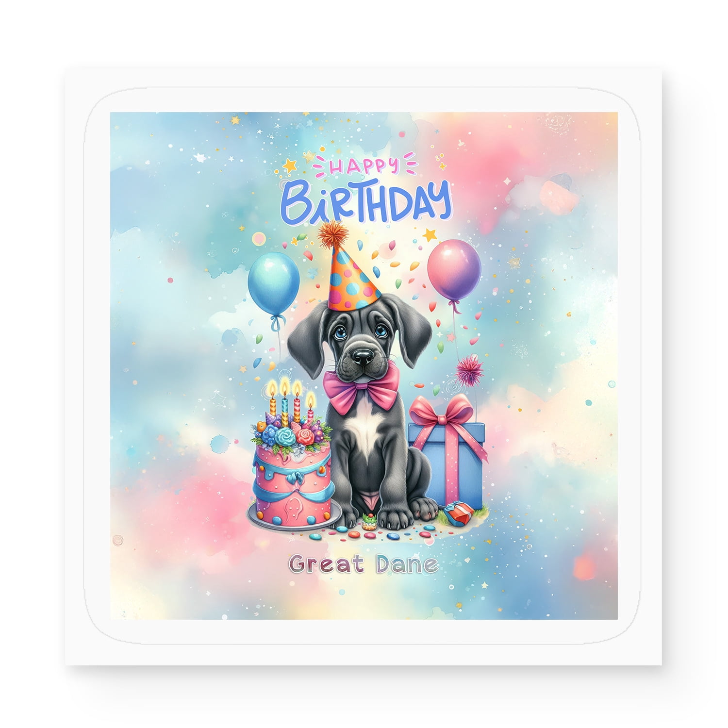 Happy Birthday Cute Puppy Great Dane with Cake Gifts Party Hat Vinyl ...