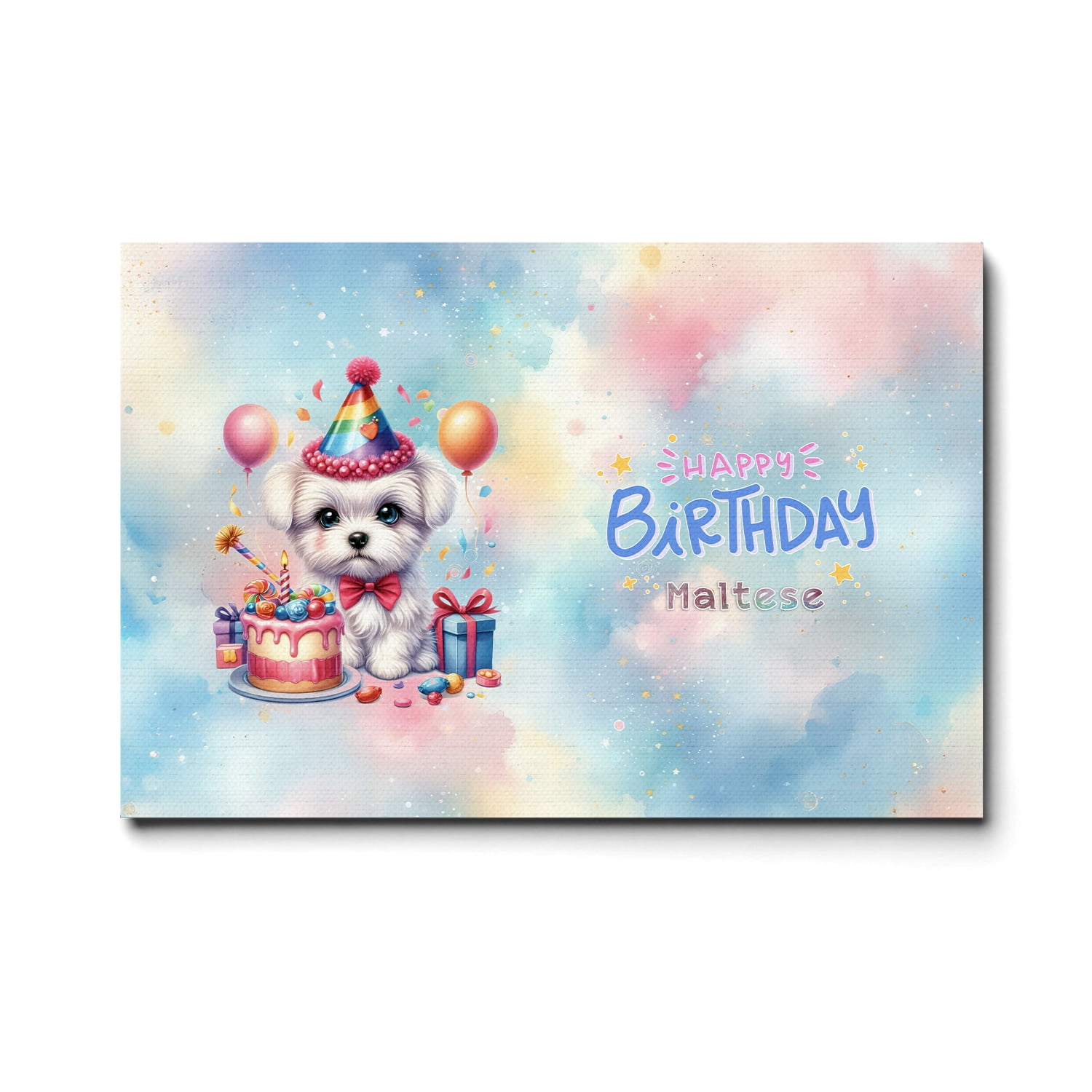 Happy Birthday Cute Puppy Maltese with Cake Gifts Party Hat Horizontal ...