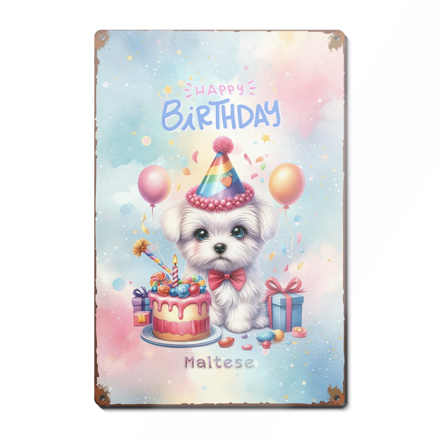 Happy Birthday Cute Puppy Maltese with Cake Gifts Party Hat Vertical ...