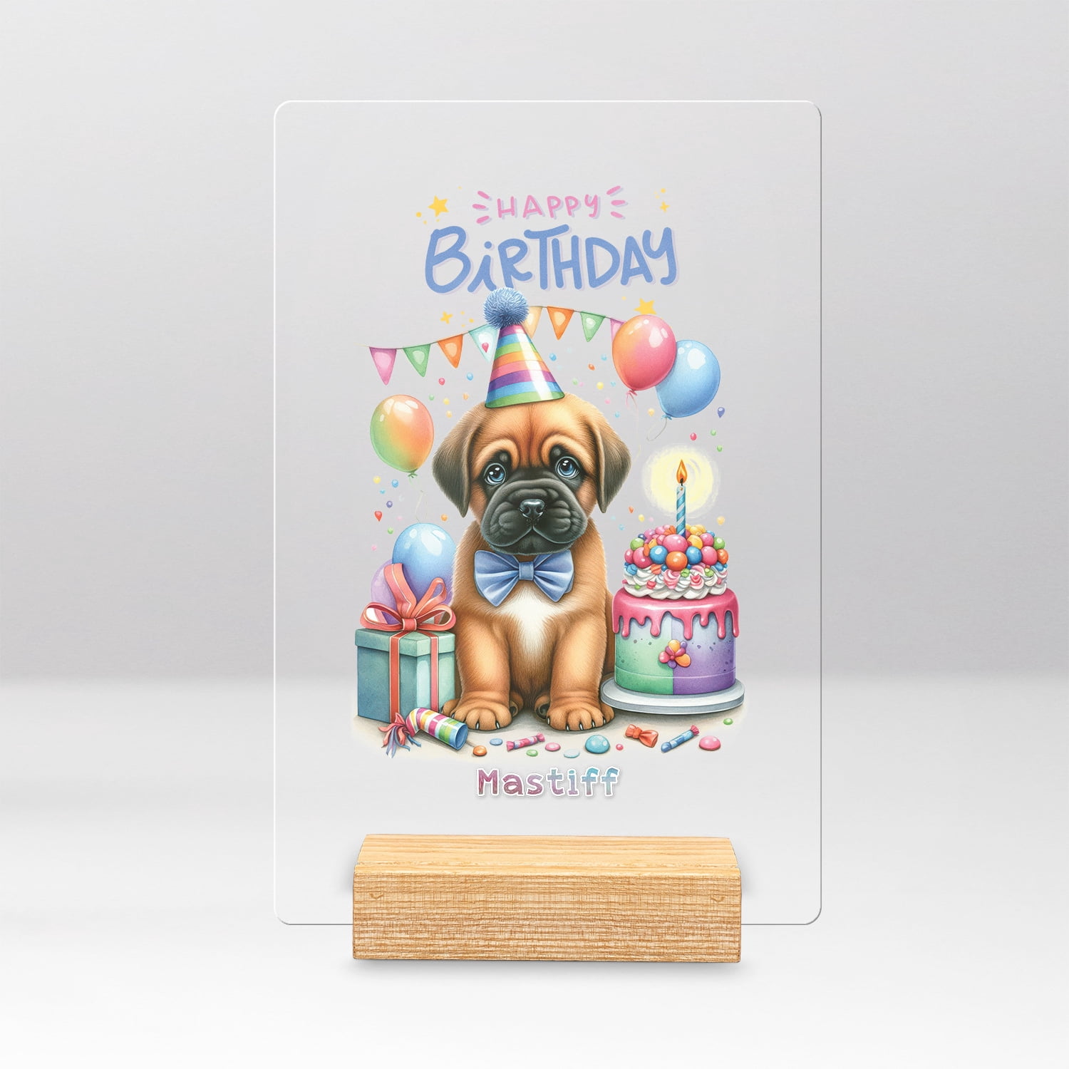 Happy Birthday Cute Puppy Mastiff with Cake Gifts Party Hat Acrylic ...