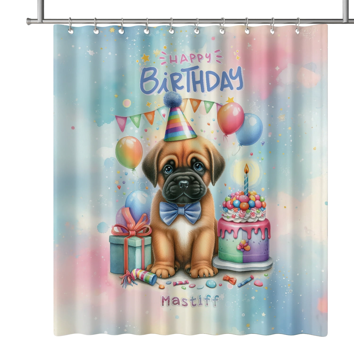 Happy Birthday Cute Puppy Mastiff with Cake Gifts Party Hat Shower ...